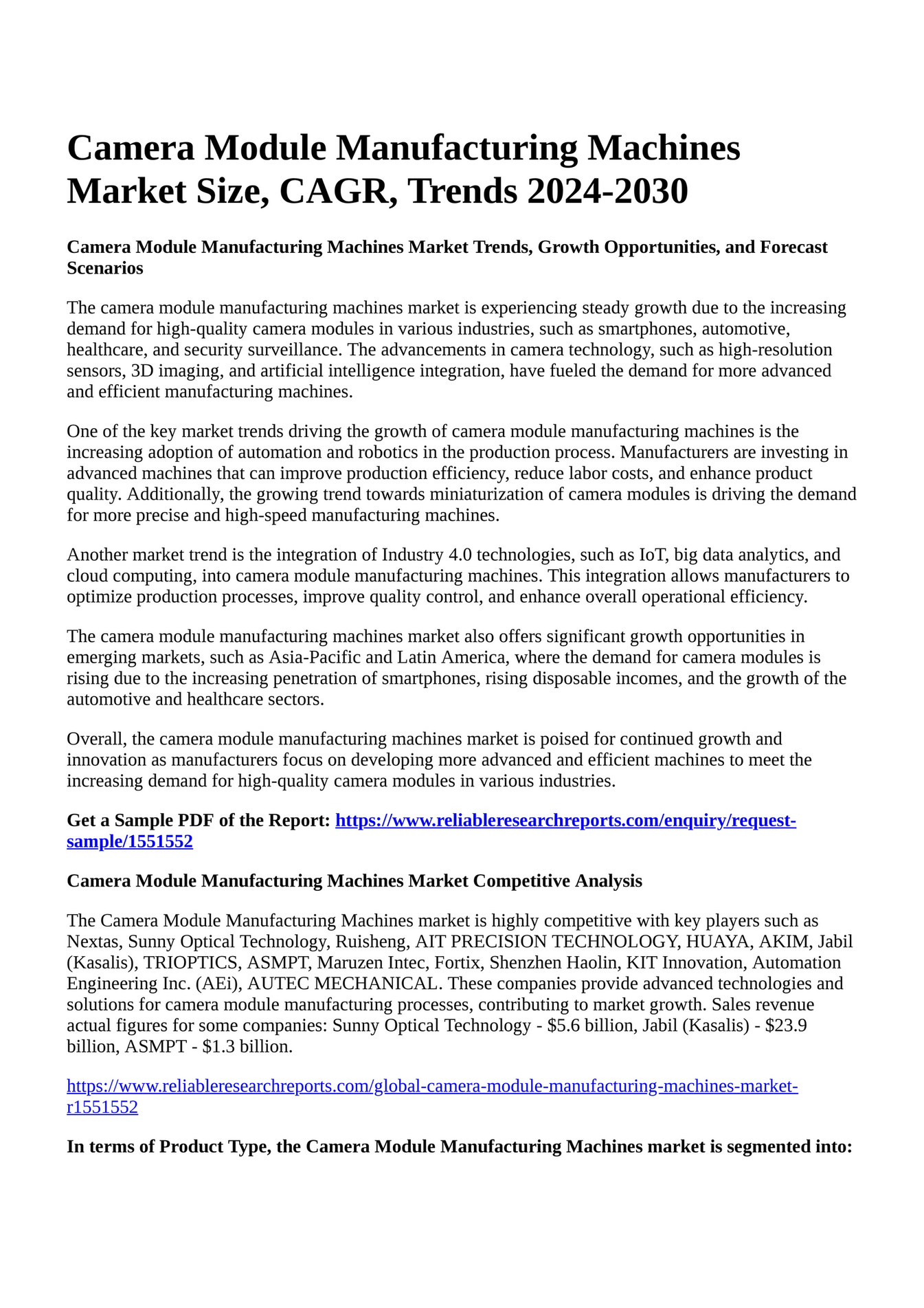 Reportprime - Camera Module Manufacturing Machines Market Size, CAGR ...