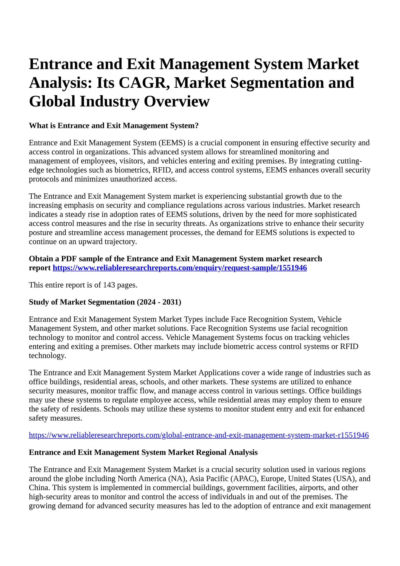 Reportprime - Entrance and Exit Management System Market Analysis: Its ...