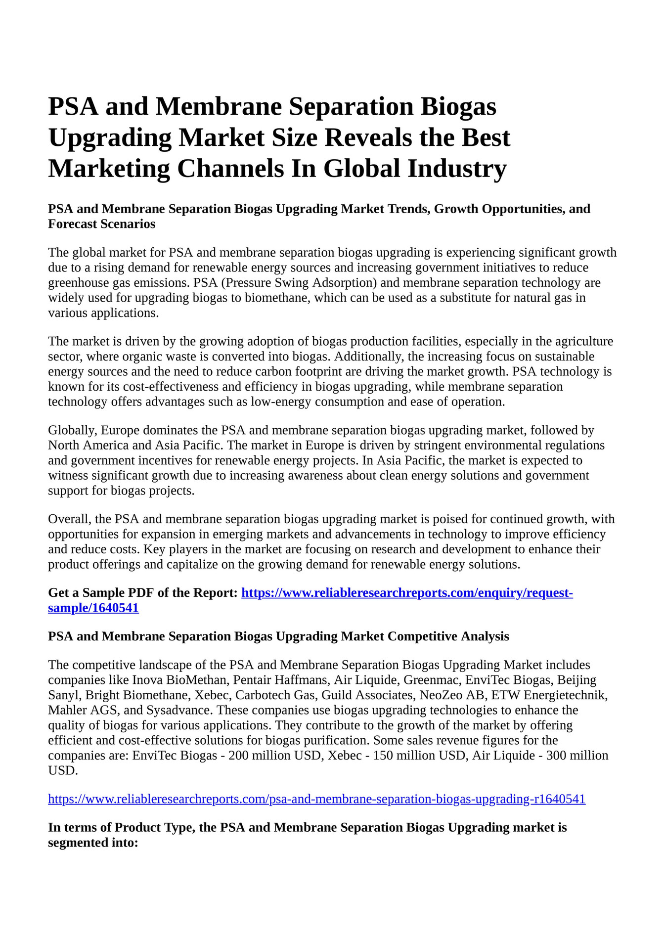 Reportprime - PSA and Membrane Separation Biogas Upgrading Market Size ...