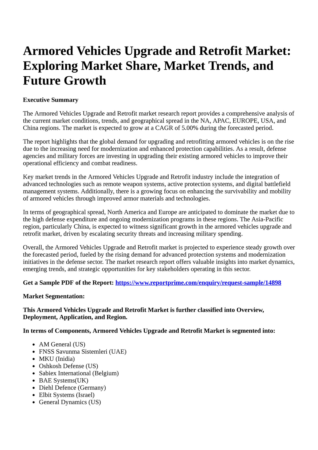 Reportprime Armored Vehicles Upgrade And Retrofit Market Exploring