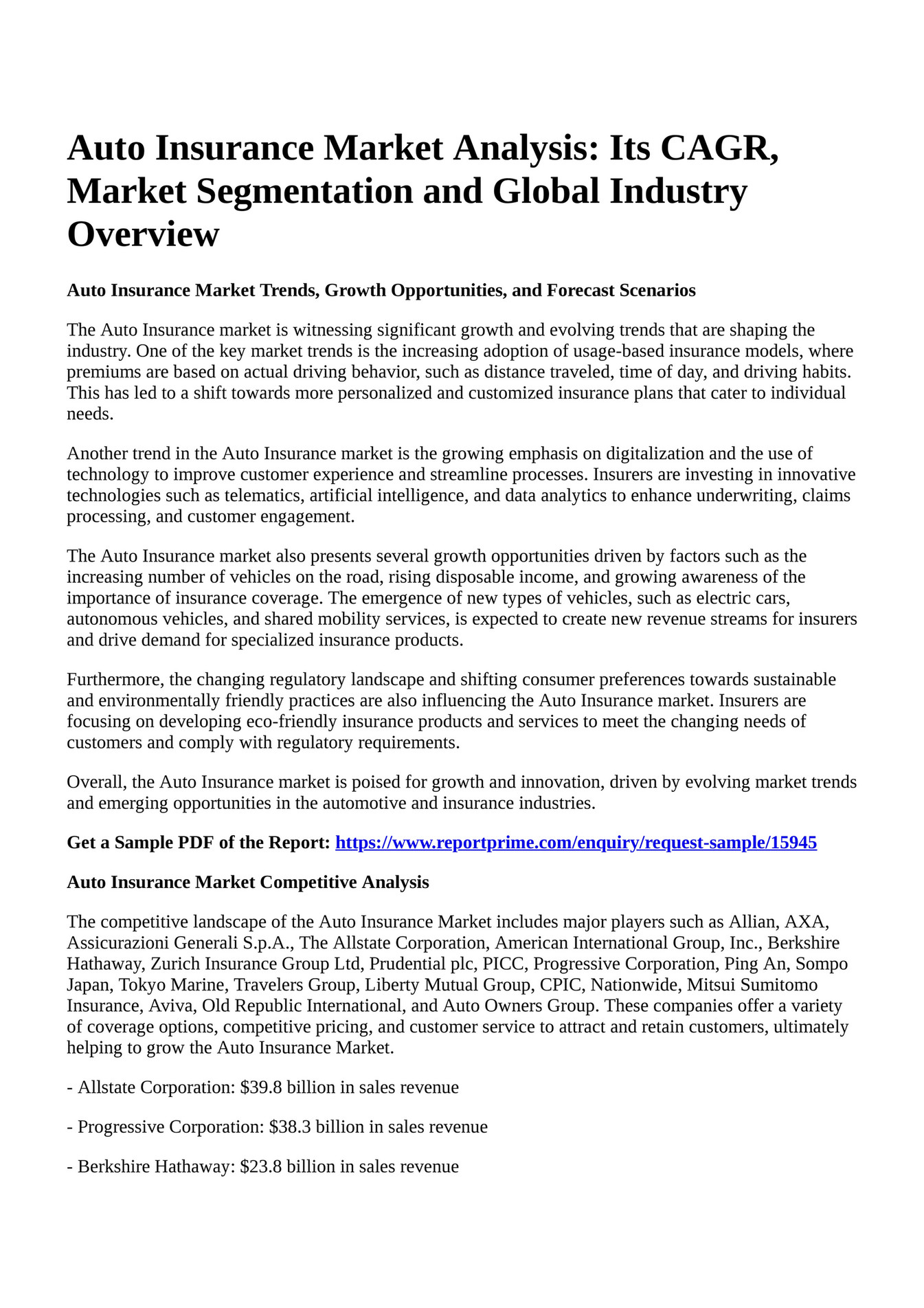 Reportprime - Auto Insurance Market Analysis: Its CAGR, Market ...