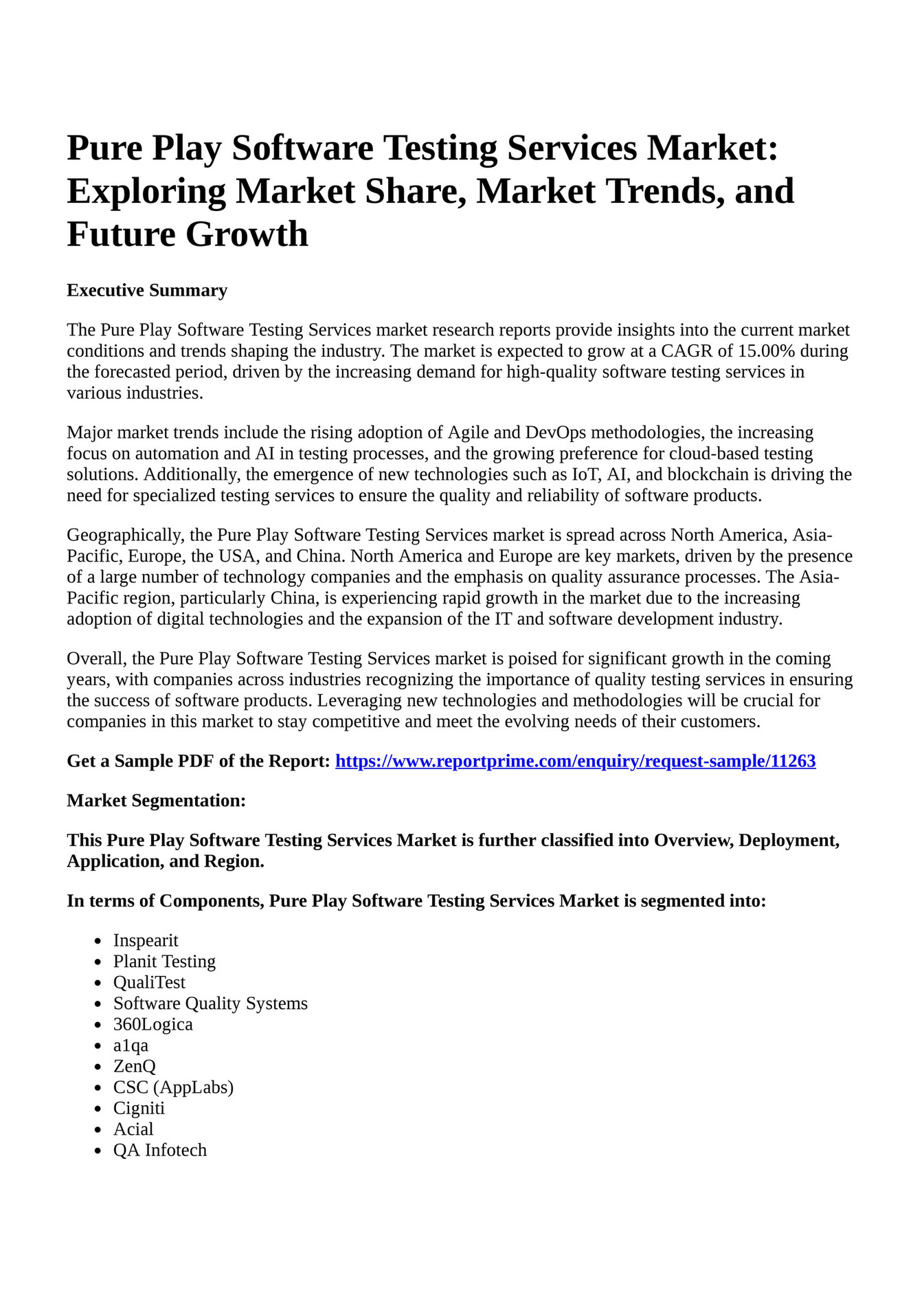 Reportprime Pure Play Software Testing Services Market Exploring Market Share Market Trends