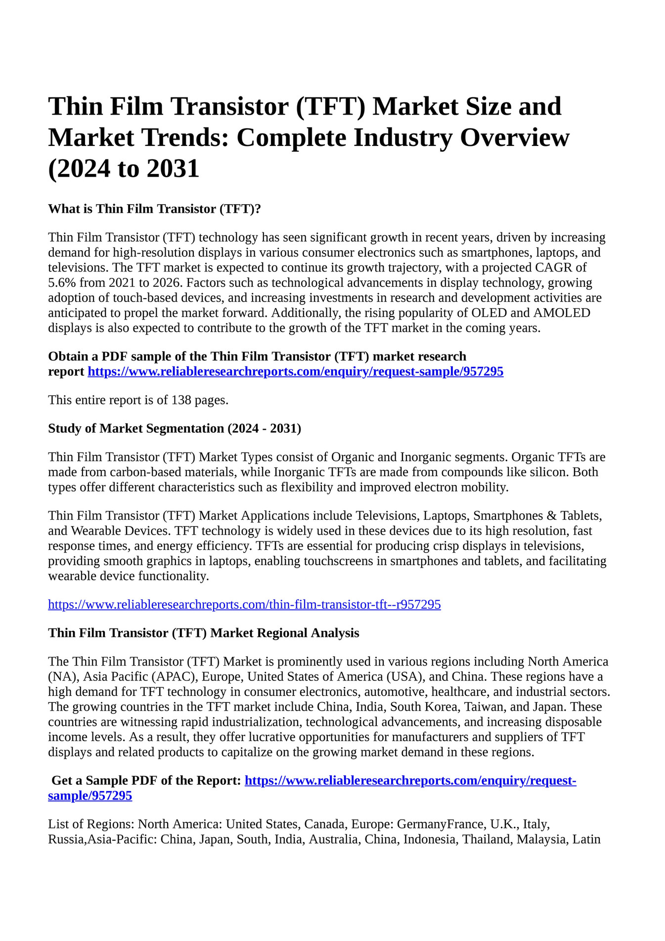 Reportprime - Thin Film Transistor (TFT) Market Size and Market Trends ... Reportprime - Thin Film Transistor (TFT) Market Size and Market Trends ...