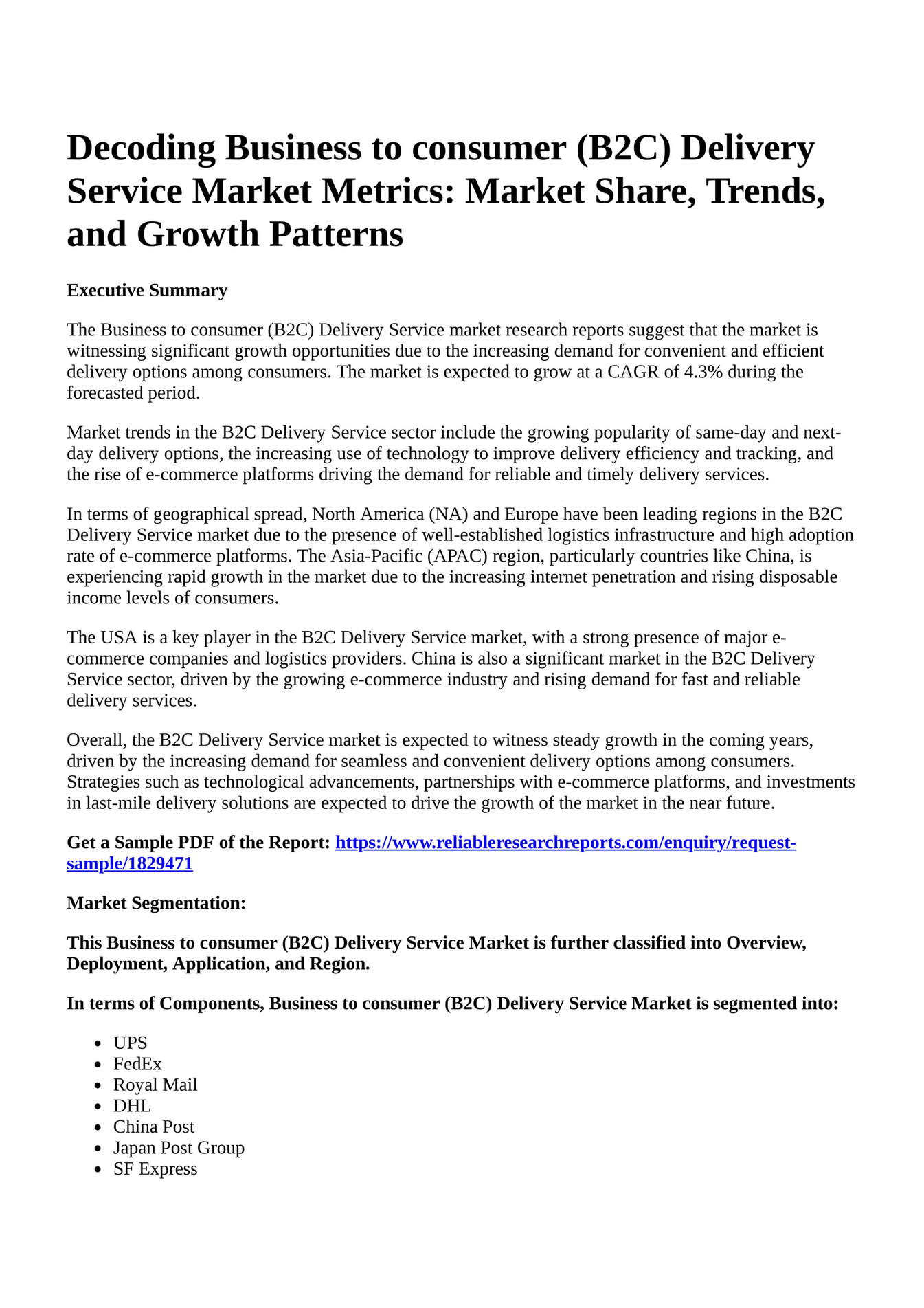 Reportprime - Decoding Business to consumer (B2C) Delivery Service ...