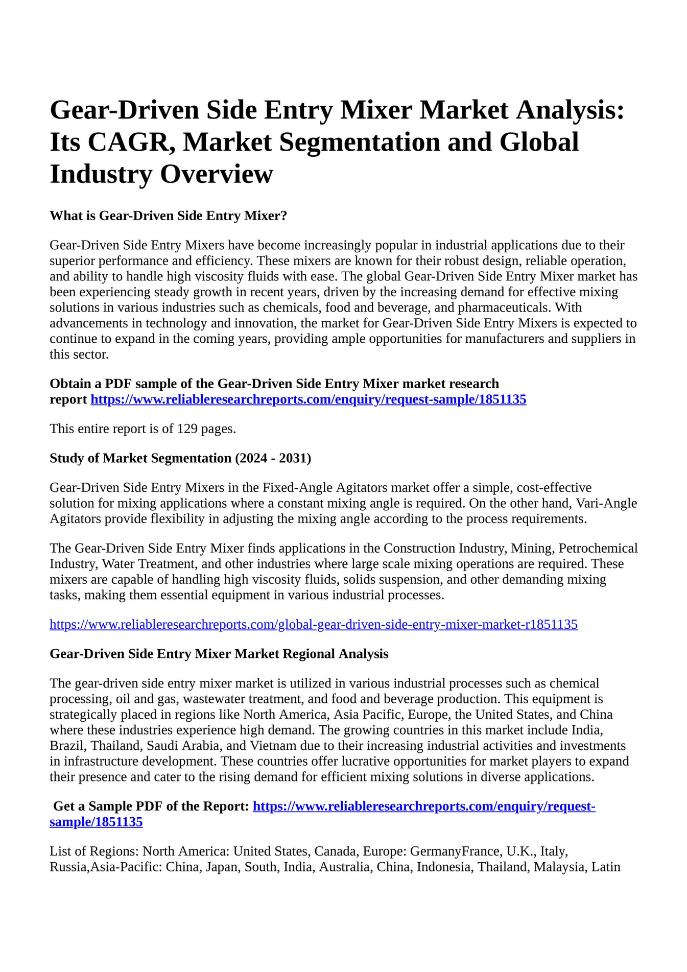 Reportprime - Gear-Driven Side Entry Mixer Market Analysis: Its CAGR, Market Segmentation and ...