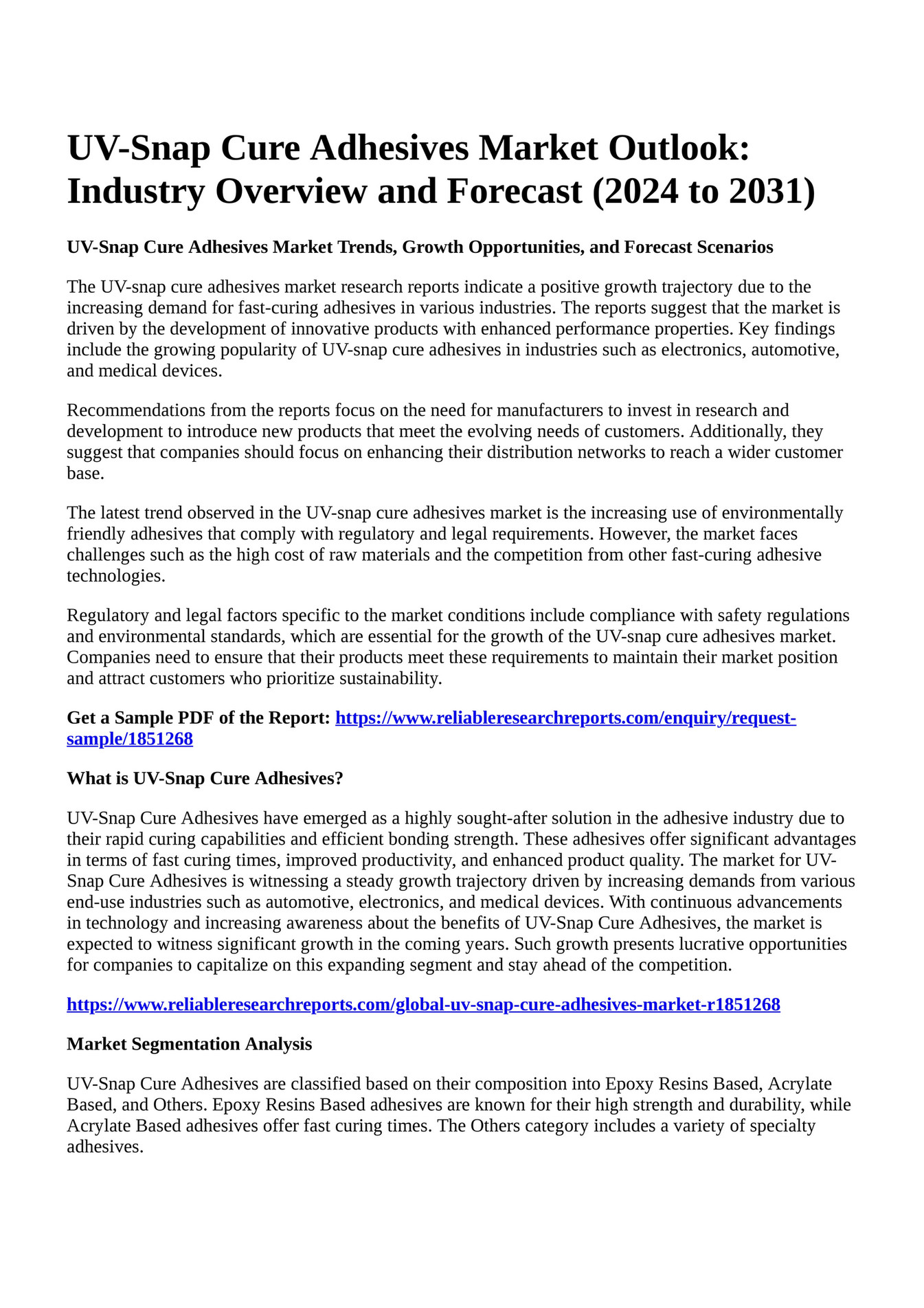 Reportprime - UV-Snap Cure Adhesives Market Outlook: Industry Overview and Forecast (2024 to ...