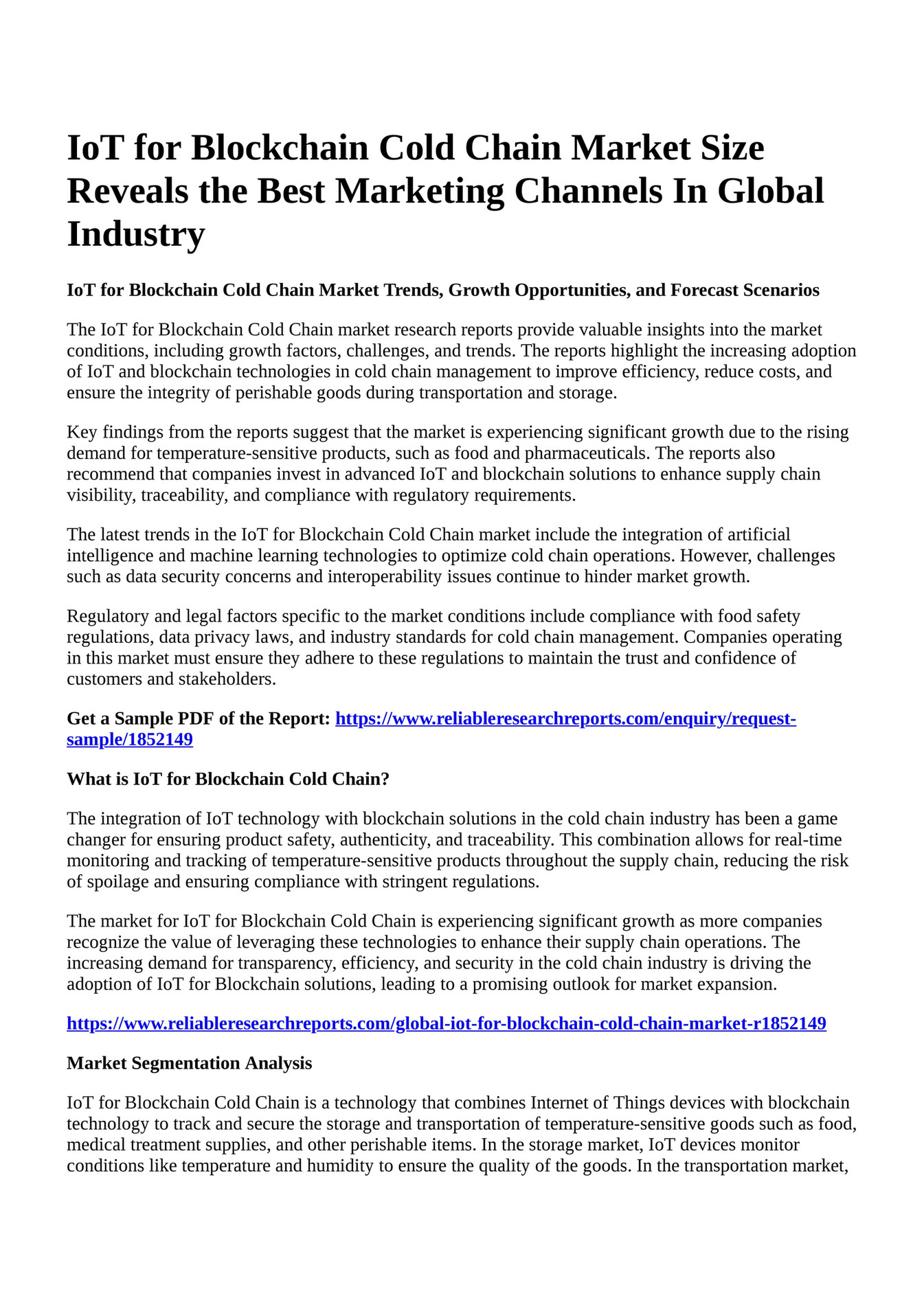 Reportprime - IoT for Blockchain Cold Chain Market Size Reveals the ...
