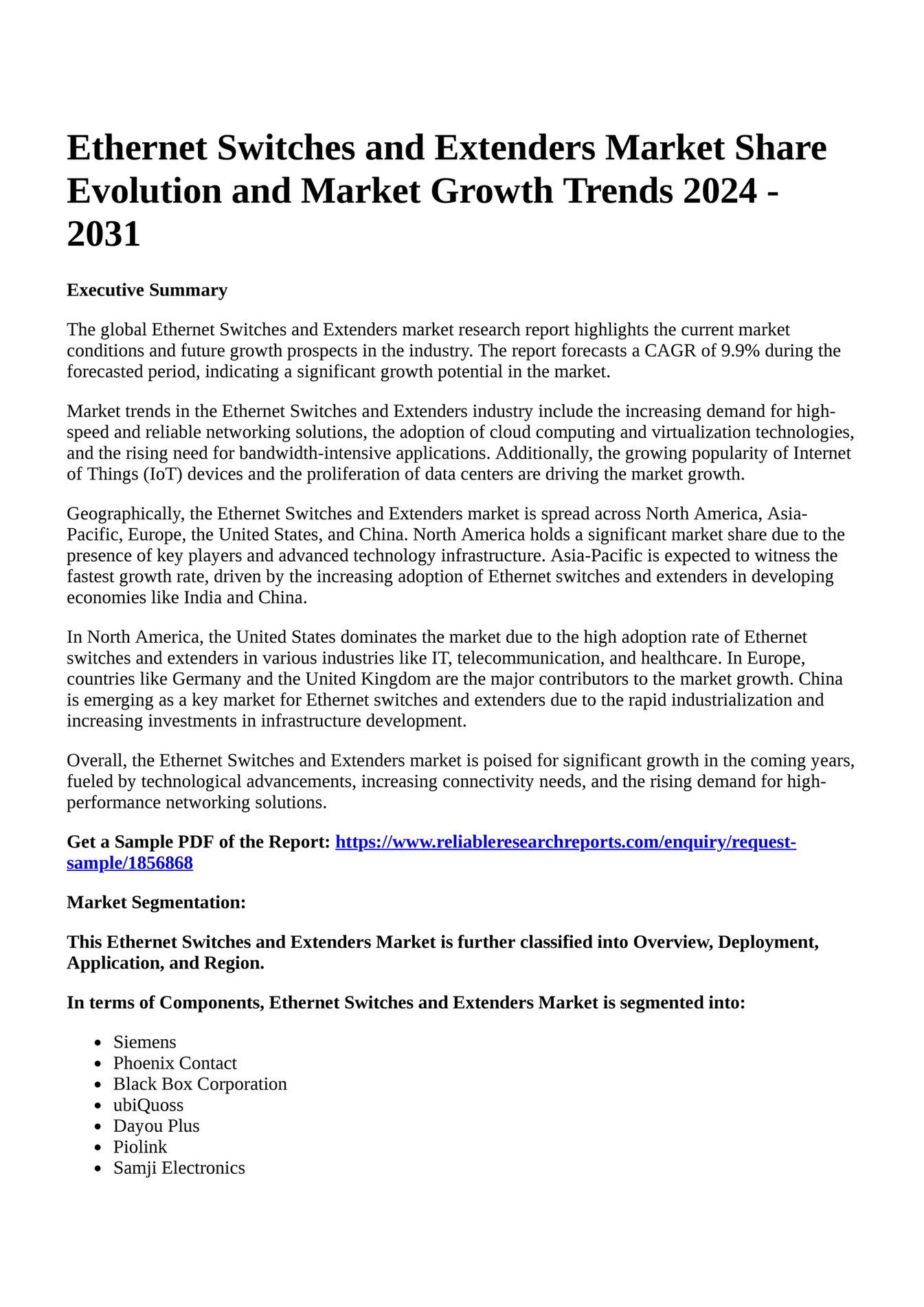 Reportprime - Ethernet Switches and Extenders Market Share Evolution ...