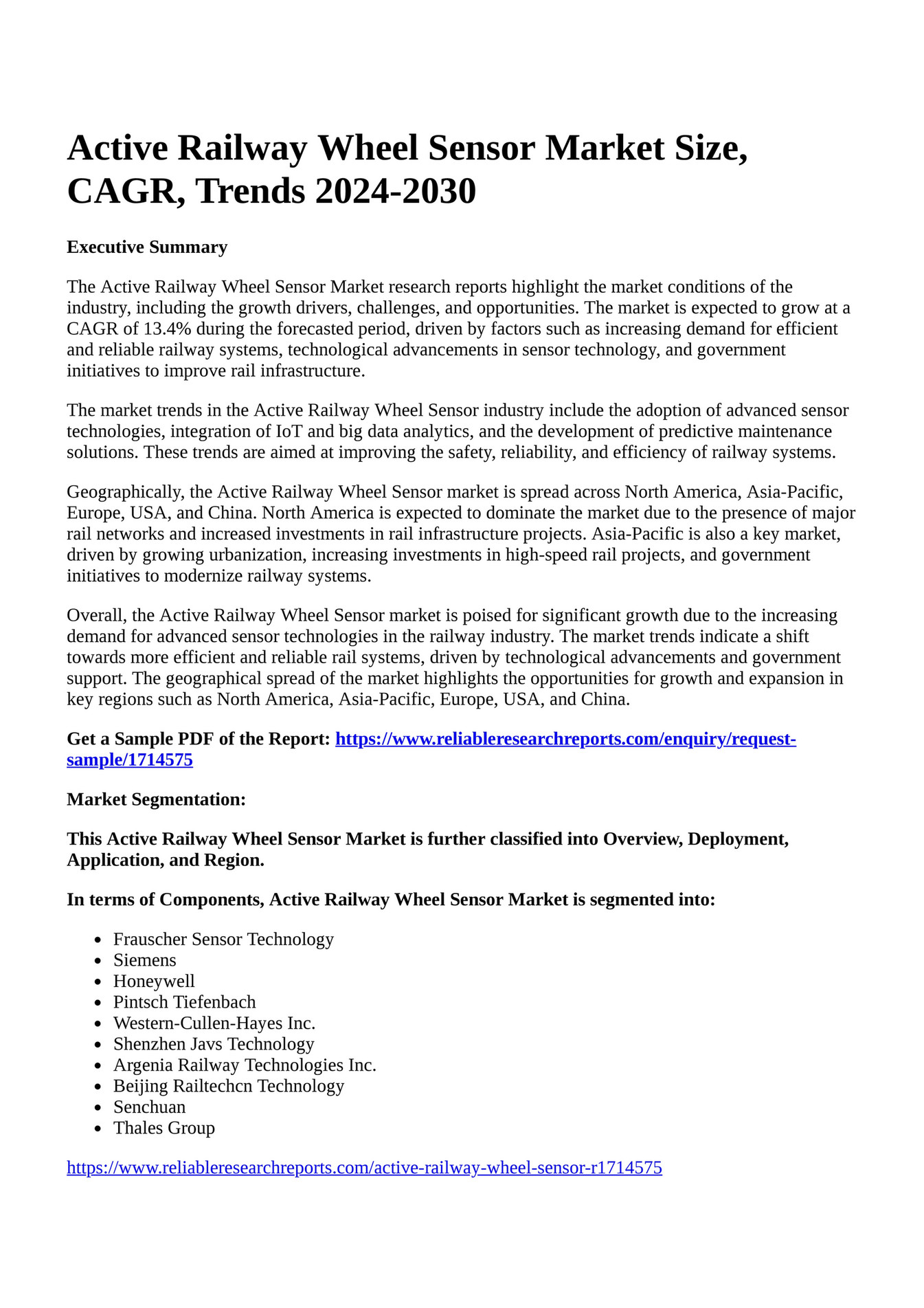 Reportprime - Active Railway Wheel Sensor Market Size, CAGR, Trends ...