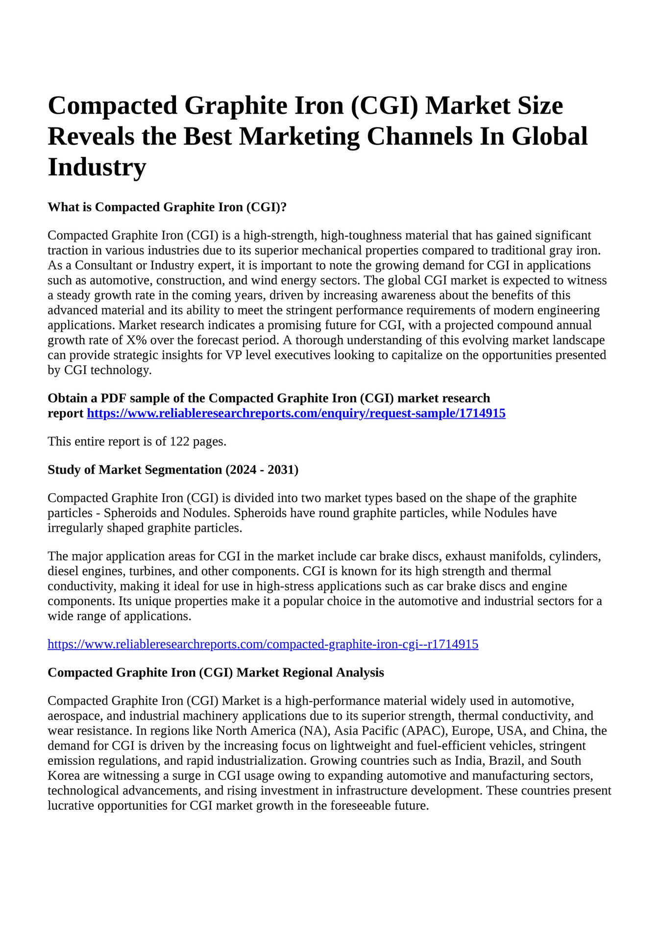 Reportprime - Compacted Graphite Iron (CGI) Market Size Reveals the ...