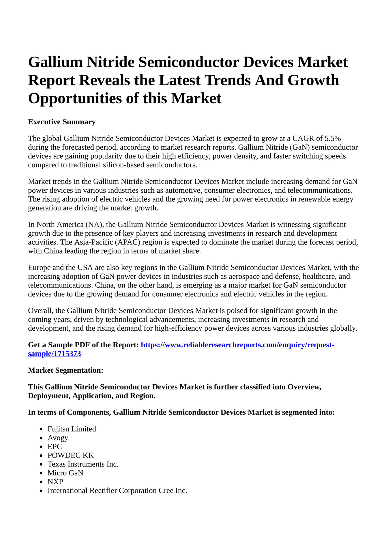 Reportprime - Gallium Nitride Semiconductor Devices Market Report ...