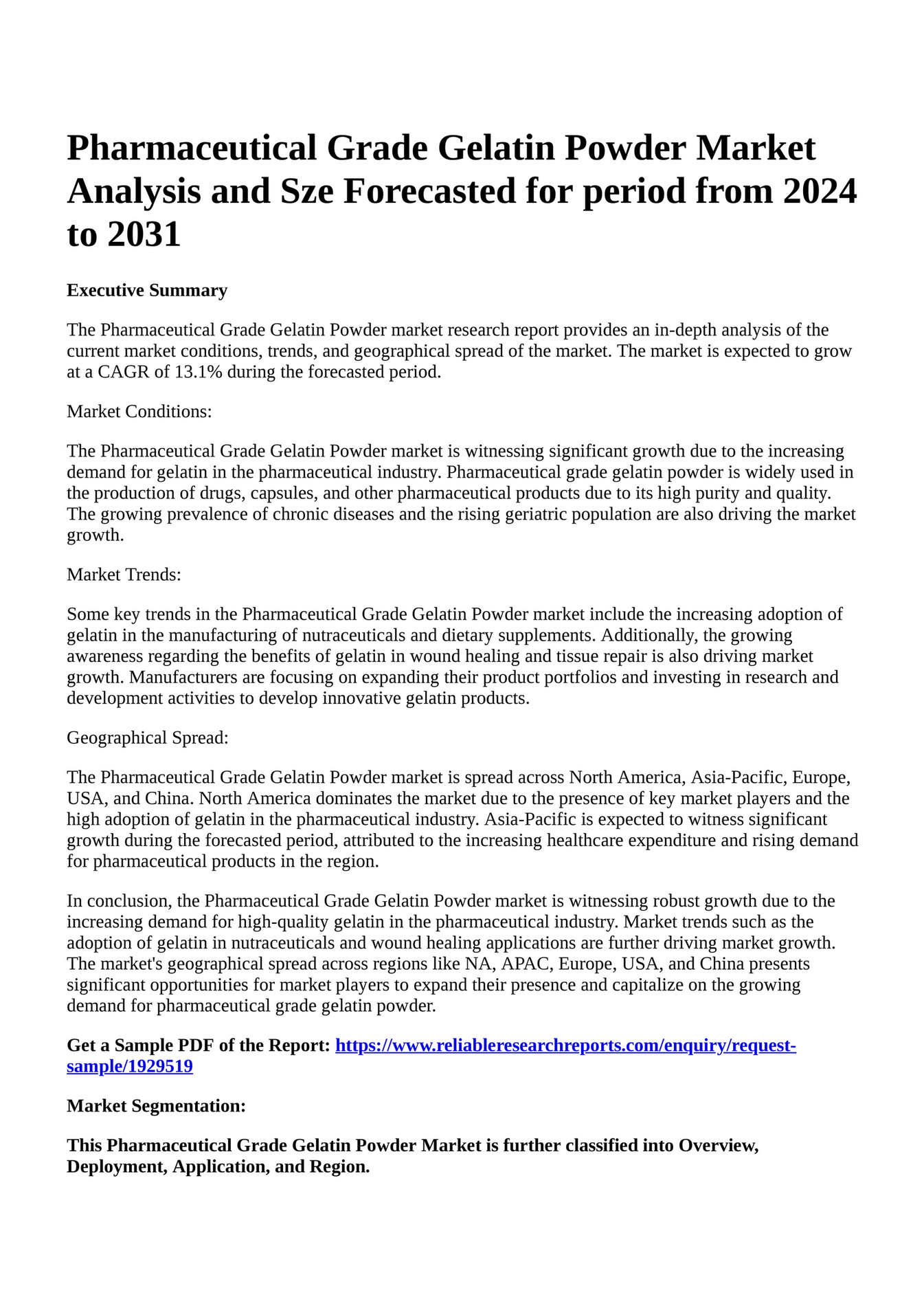 Reportprime Pharmaceutical Grade Gelatin Powder Market Analysis And Reportprime Pharmaceutical Grade Gelatin Powder Market Analysis And