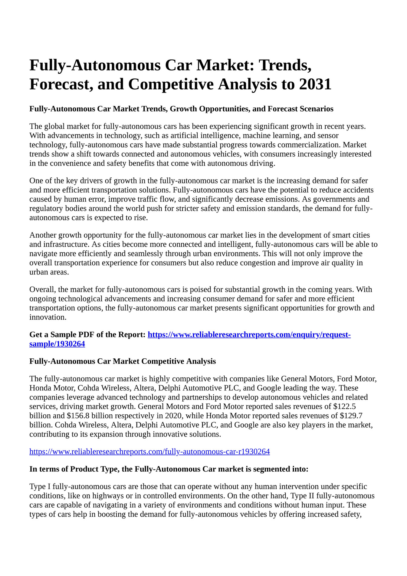Reportprime - Fully-Autonomous Car Market: Trends, Forecast, and ...