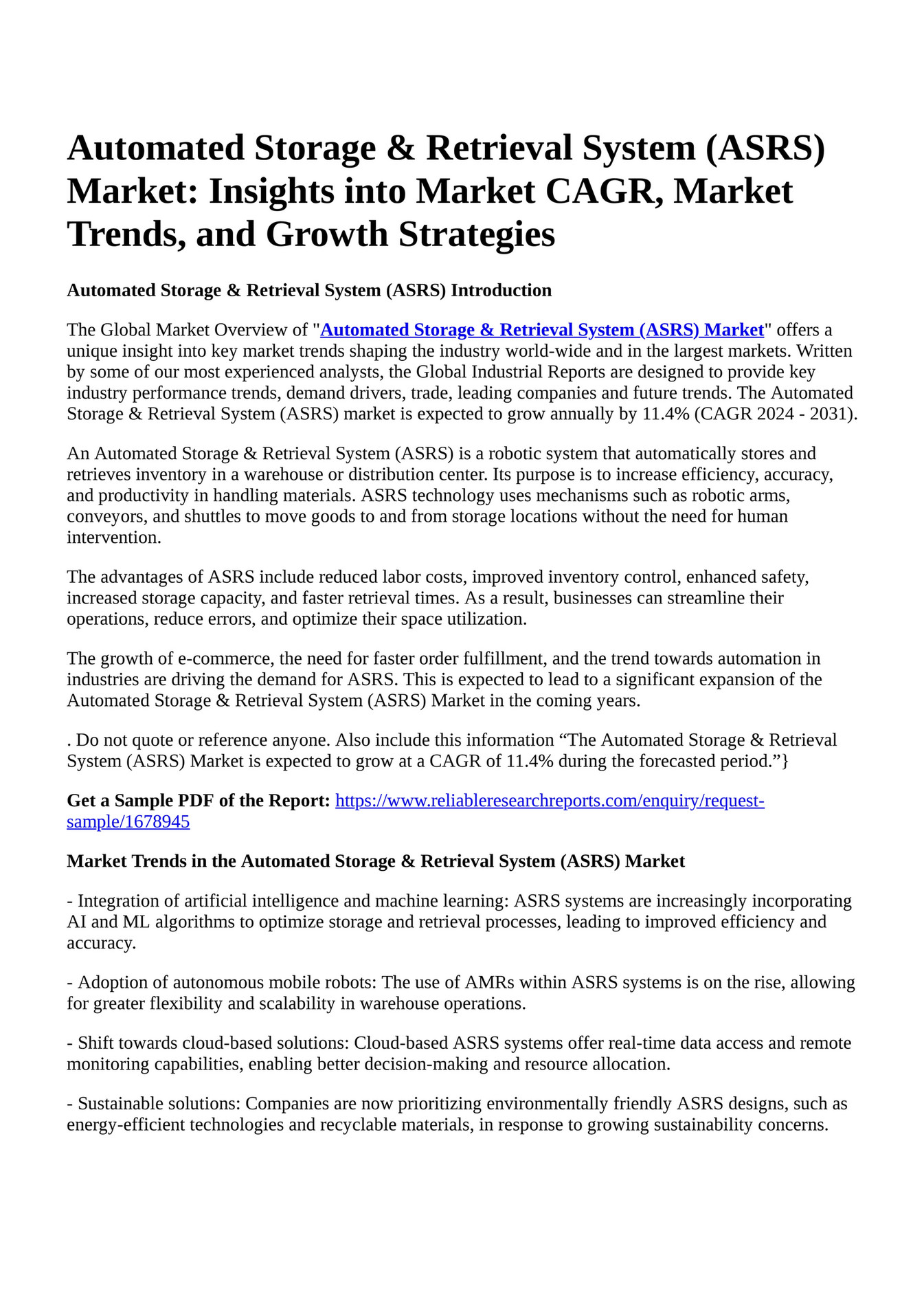 Reportprime - Automated Storage & Retrieval System (ASRS) Market ...