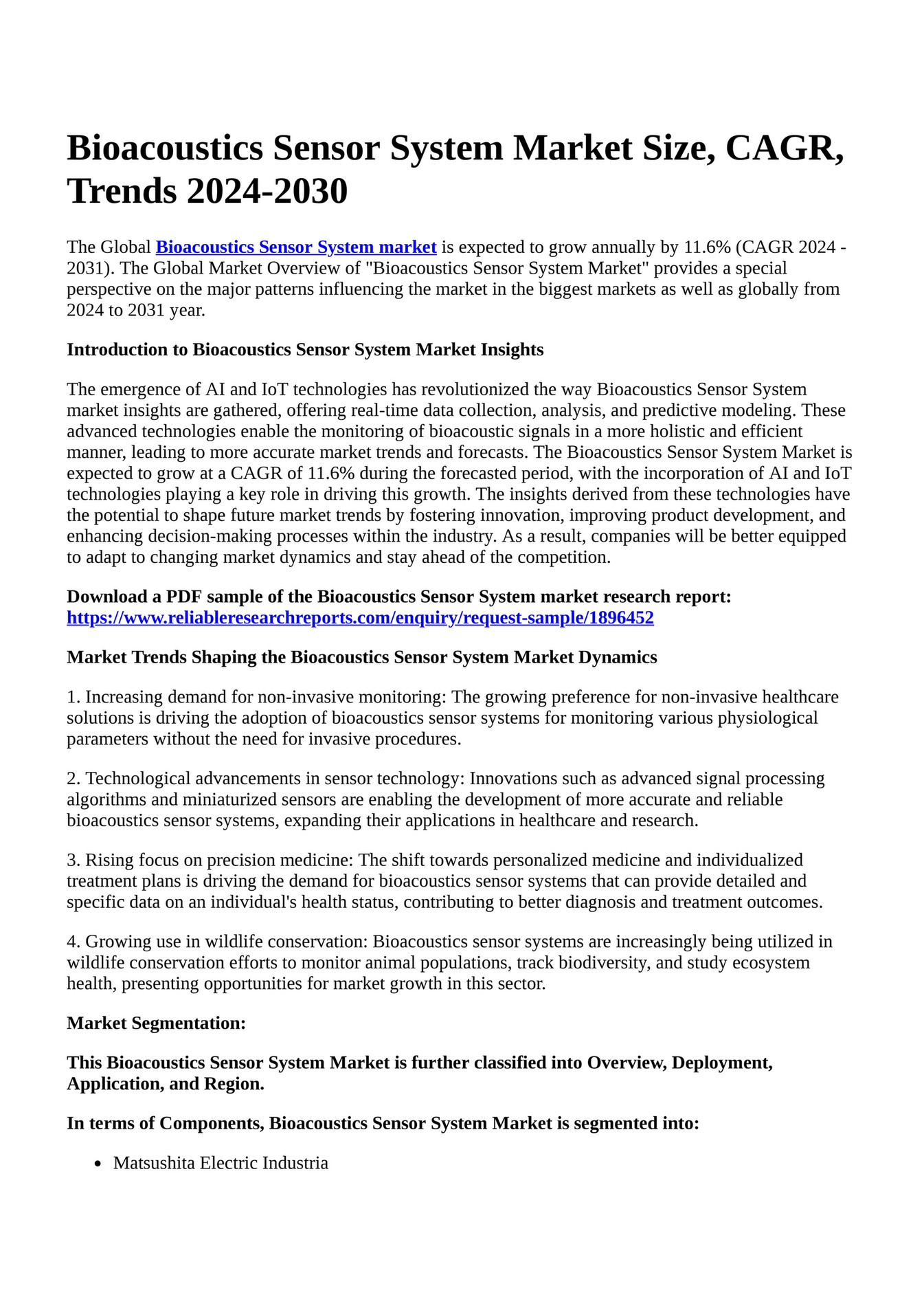 Reportprime - Bioacoustics Sensor System Market Size, CAGR, Trends 2024 ... Reportprime - Bioacoustics Sensor System Market Size, CAGR, Trends 2024 ...