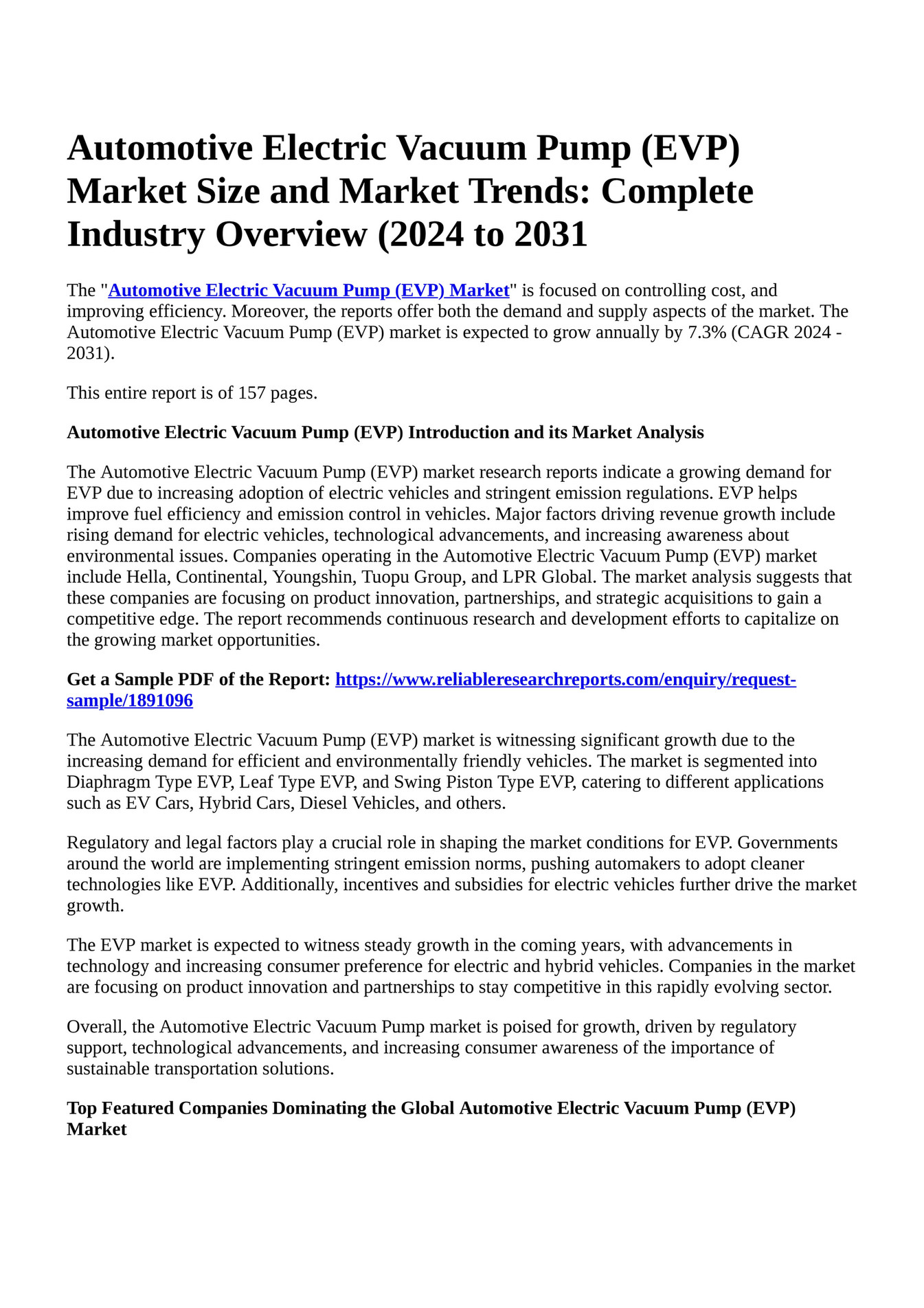 Reportprime - Automotive Electric Vacuum Pump (EVP) Market Size and Market Trends: Complete ...