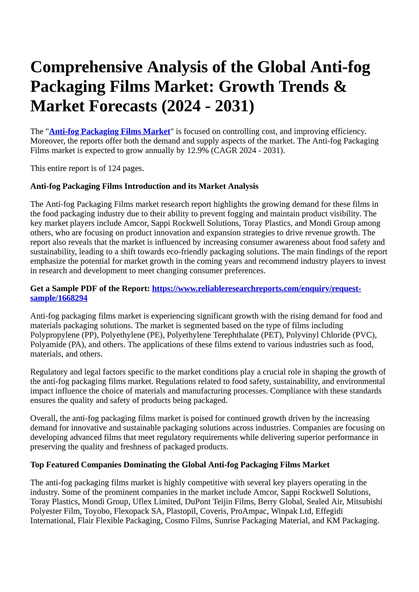 Reportprime - Comprehensive Analysis of the Global Anti-fog Packaging ... Reportprime - Comprehensive Analysis of the Global Anti-fog Packaging ...