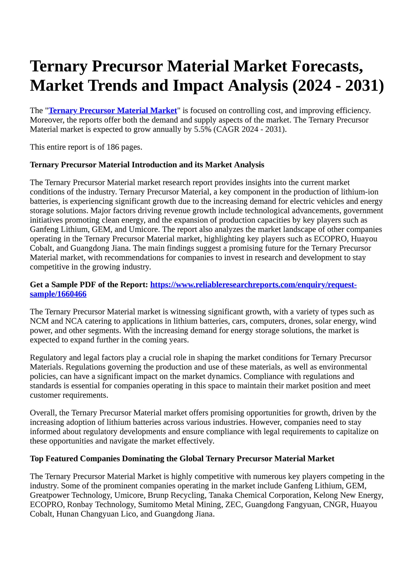 Reportprime - Ternary Precursor Material Market Forecasts, Market ... Reportprime - Ternary Precursor Material Market Forecasts, Market ...