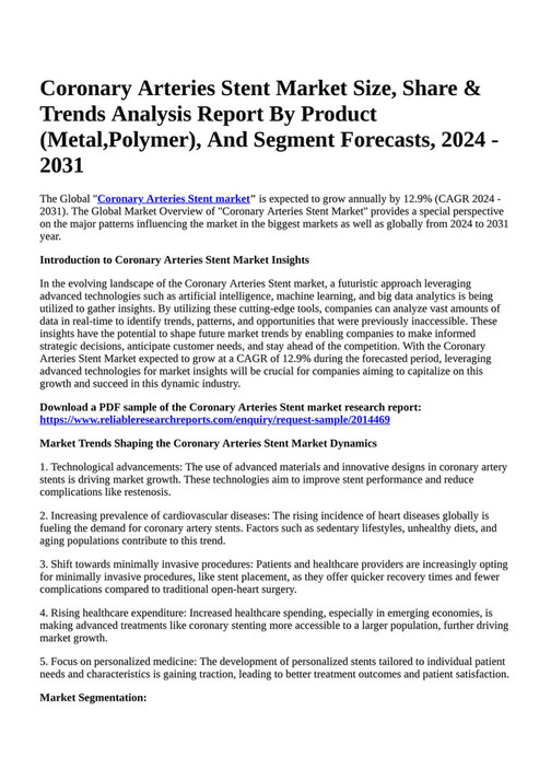 Reportprime - Coronary Arteries Stent Market Size, Share & Trends Analysis Report By Product ...