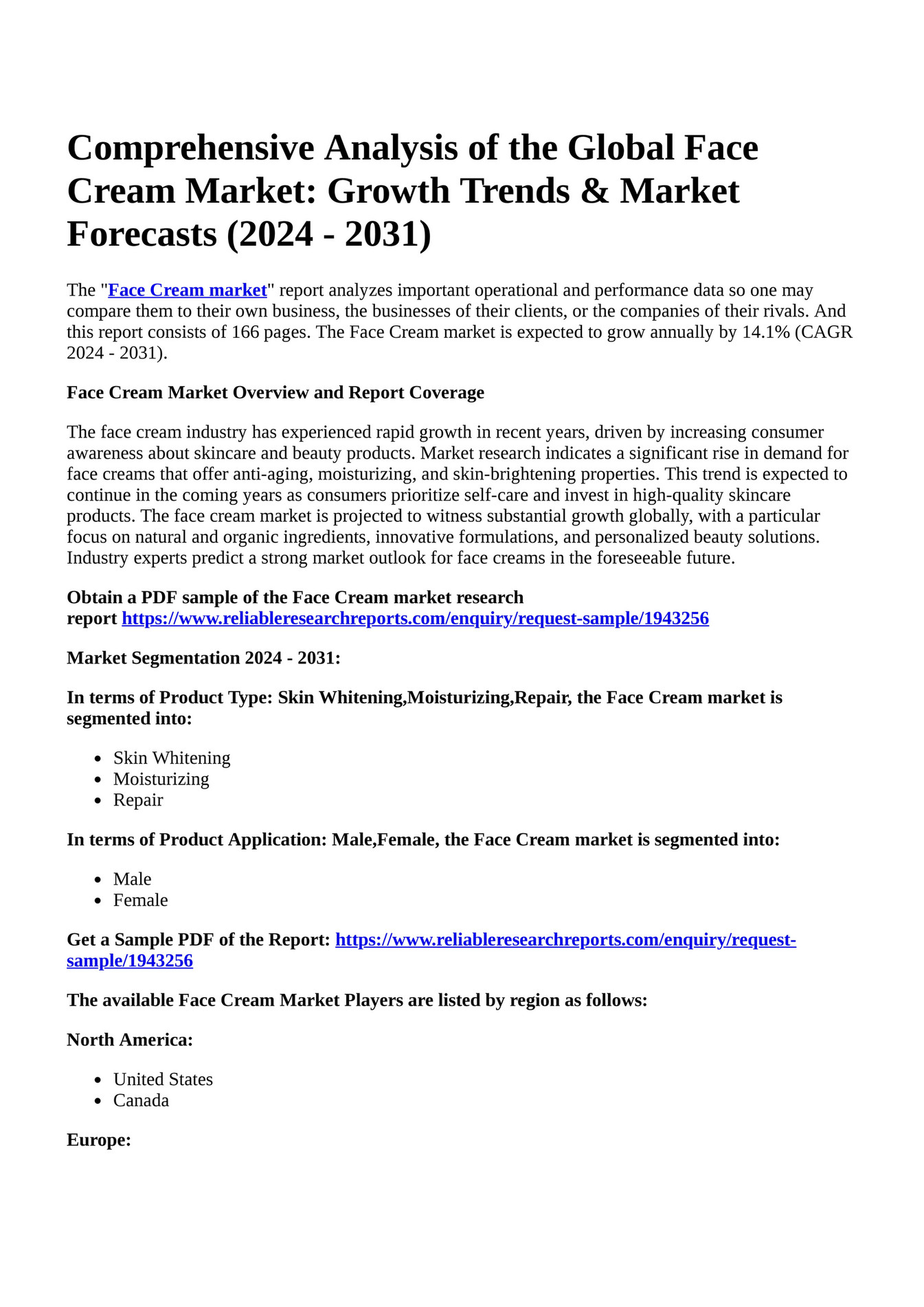 Reportprime - Comprehensive Analysis of the Global Face Cream Market ... Reportprime - Comprehensive Analysis of the Global Face Cream Market ...