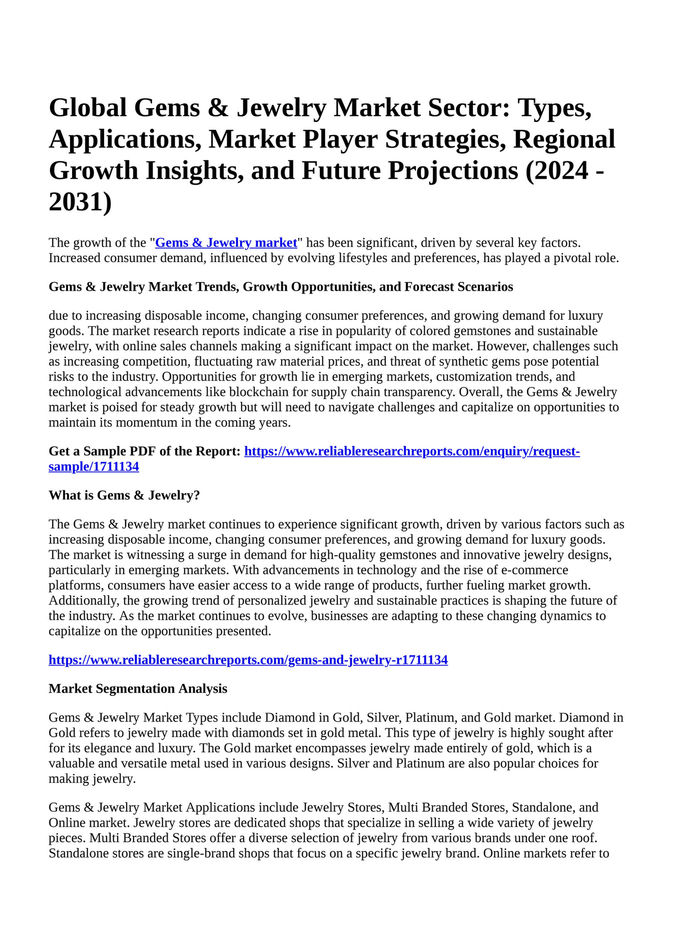Reportprime - Global Gems & Jewelry Market Sector: Types, Applications ...