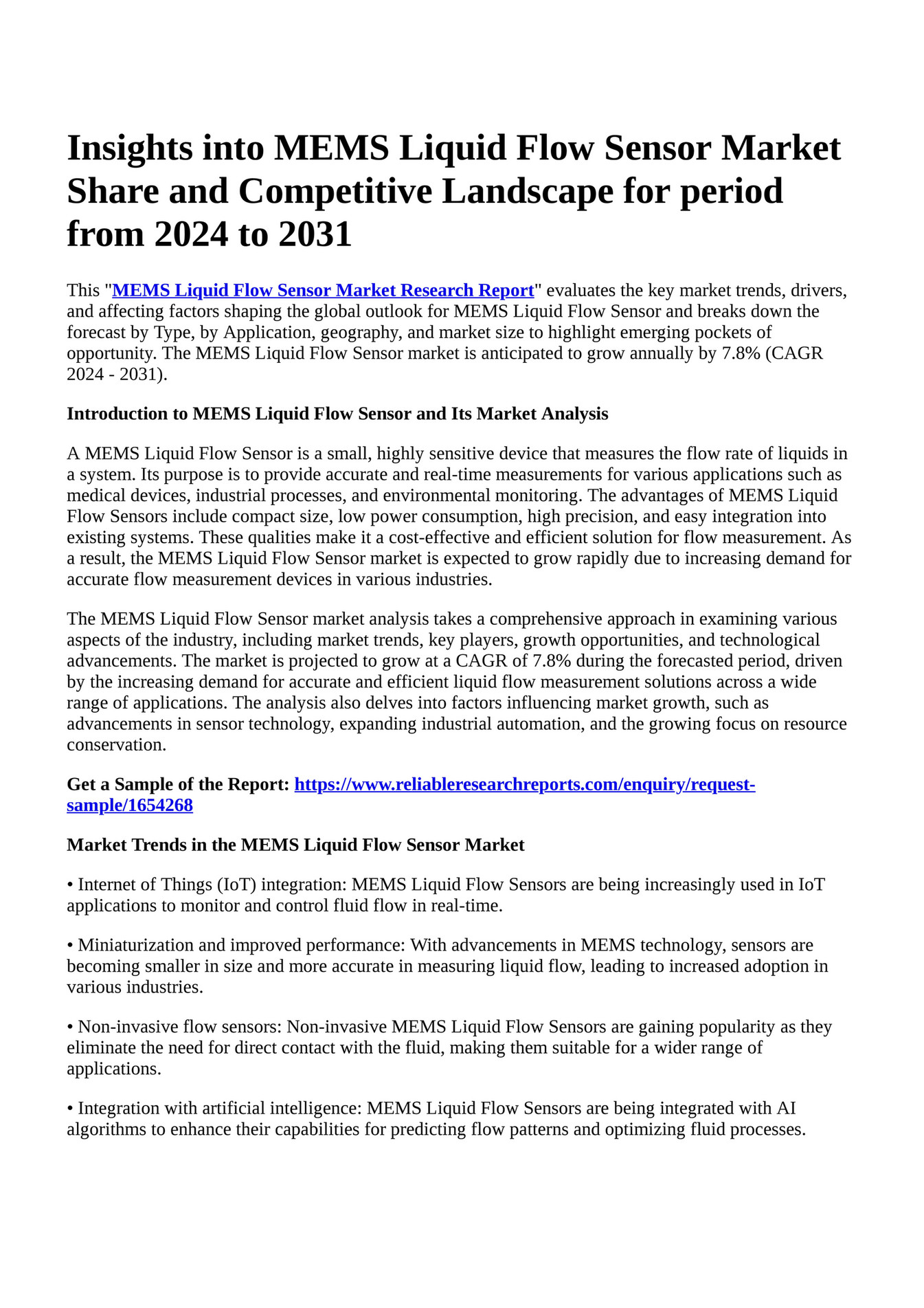 Reportprime - Insights into MEMS Liquid Flow Sensor Market Share and Competitive Landscape for ...
