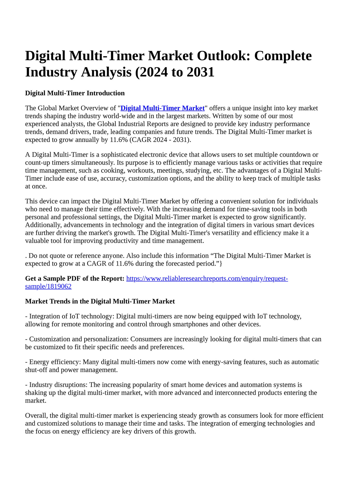 Reportprime - Digital Multi-Timer Market Outlook: Complete Industry ...
