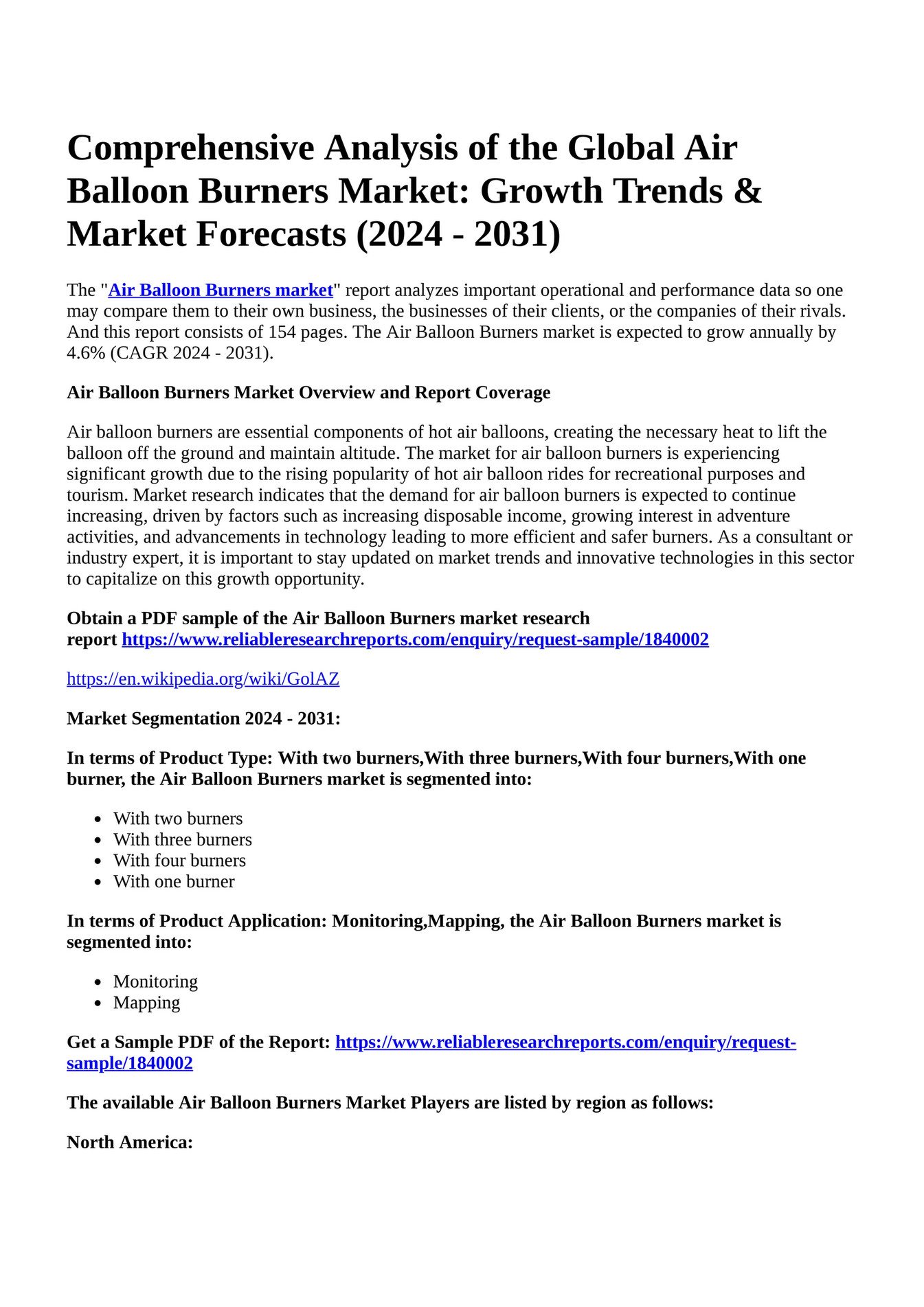 Reportprime - Comprehensive Analysis of the Global Air Balloon Burners Market: Growth Trends ...
