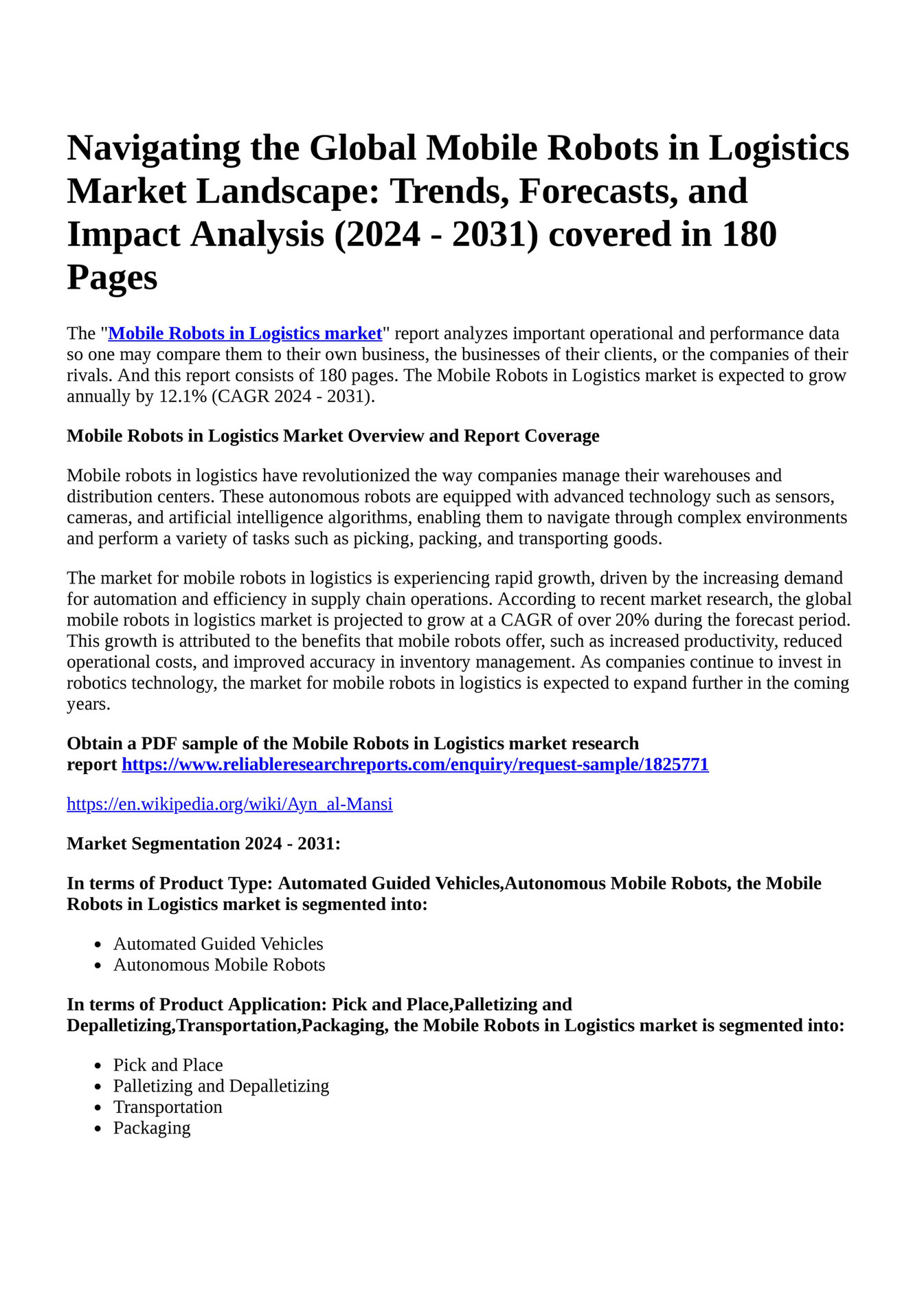 Reportprime - Navigating the Global Mobile Robots in Logistics Market ... Reportprime - Navigating the Global Mobile Robots in Logistics Market ...