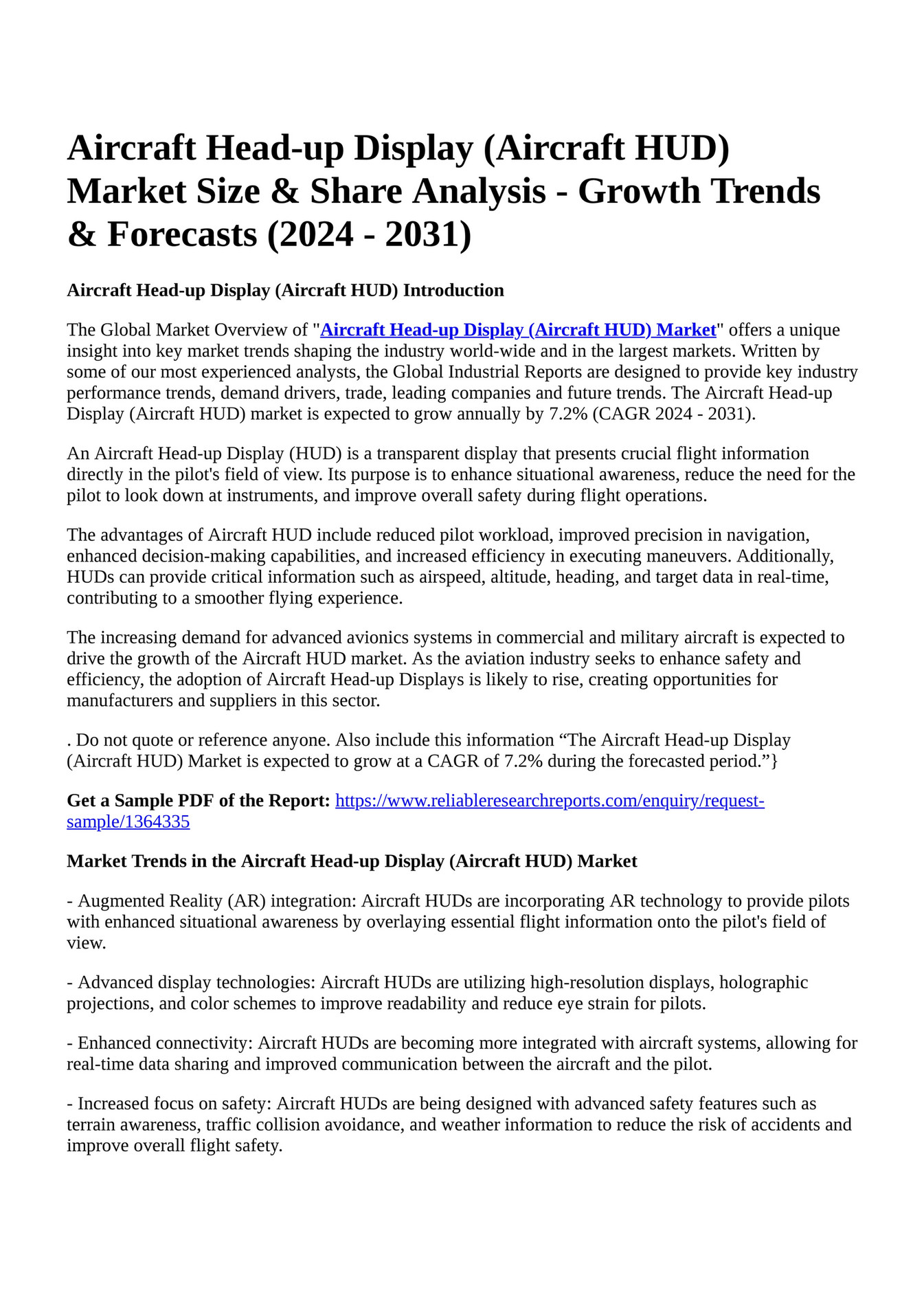 Reportprime - Aircraft Head-up Display (Aircraft HUD) Market Size ...
