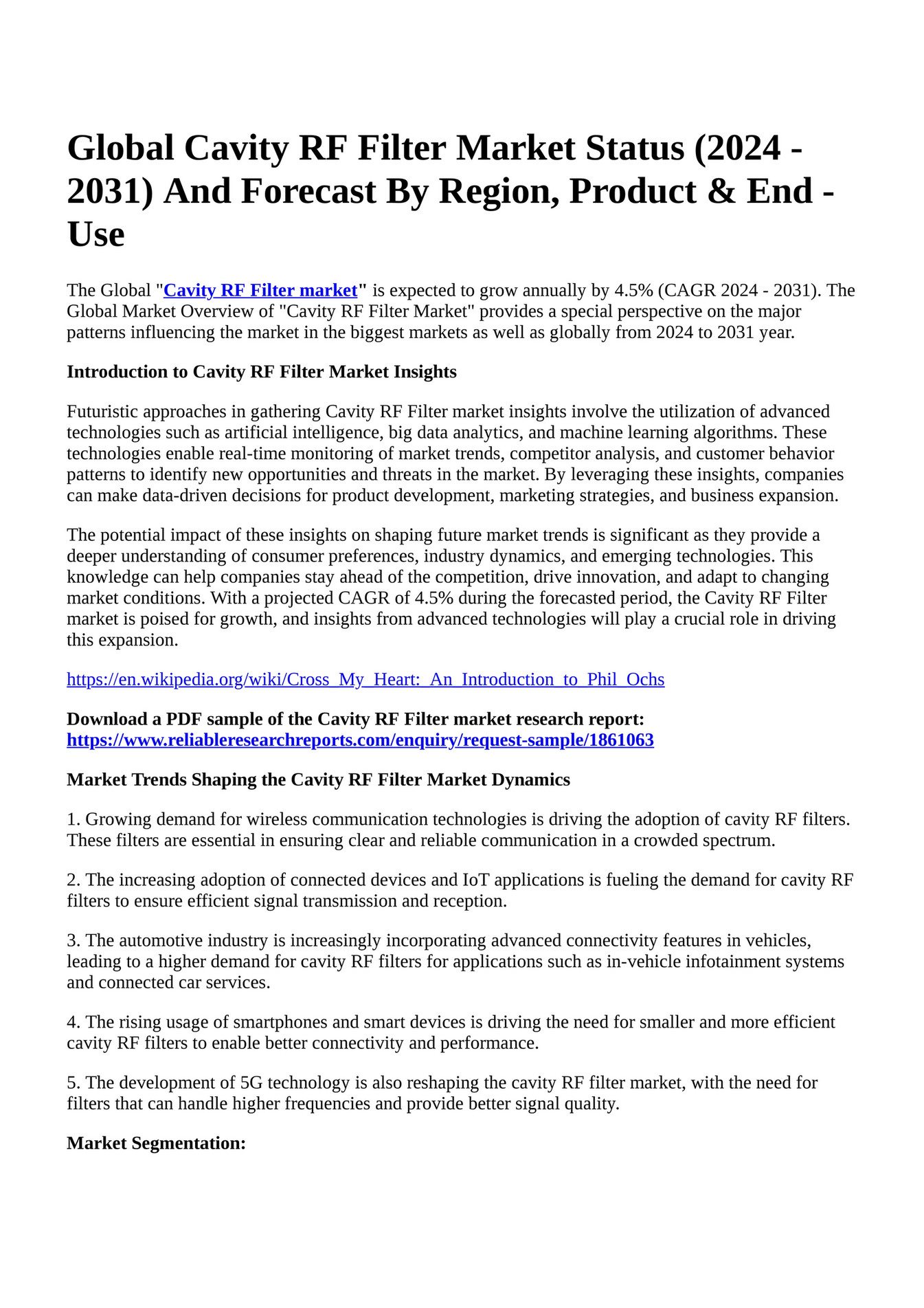 Reportprime - Global Cavity RF Filter Market Status (2024 - 2031) And ...