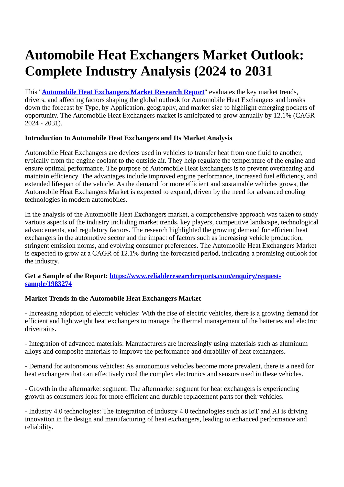 Reportprime - Automobile Heat Exchangers Market Outlook: Complete ...