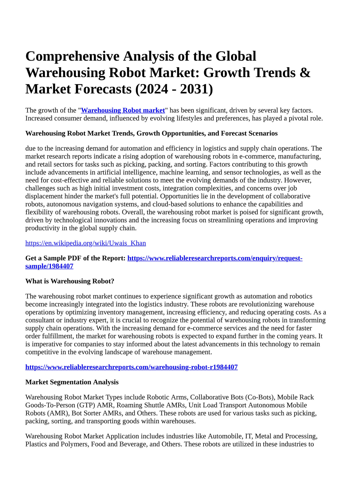 Reportprime - Comprehensive Analysis of the Global Warehousing Robot ... Reportprime - Comprehensive Analysis of the Global Warehousing Robot ...