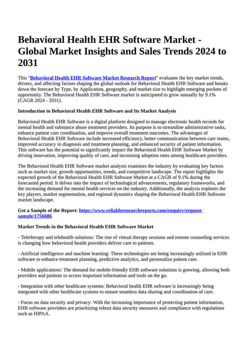 Reportprime - Behavioral Health EHR Software Market - Global Market ... Reportprime - Behavioral Health EHR Software Market - Global Market ...
