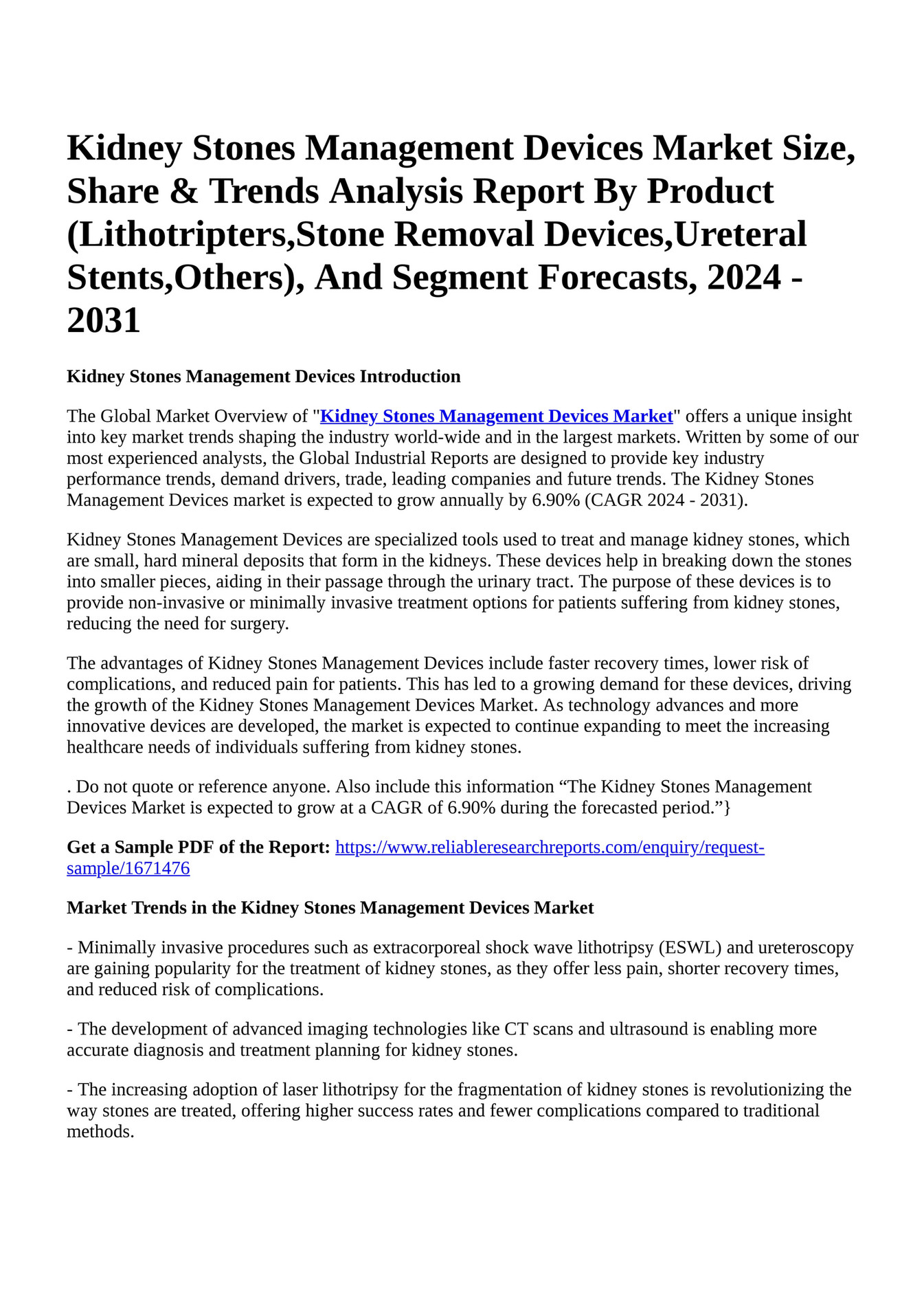 Reportprime - Kidney Stones Management Devices Market Size, Share ...