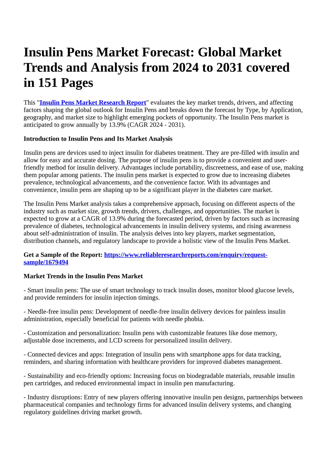 Reportprime - Insulin Pens Market Forecast: Global Market Trends and ...