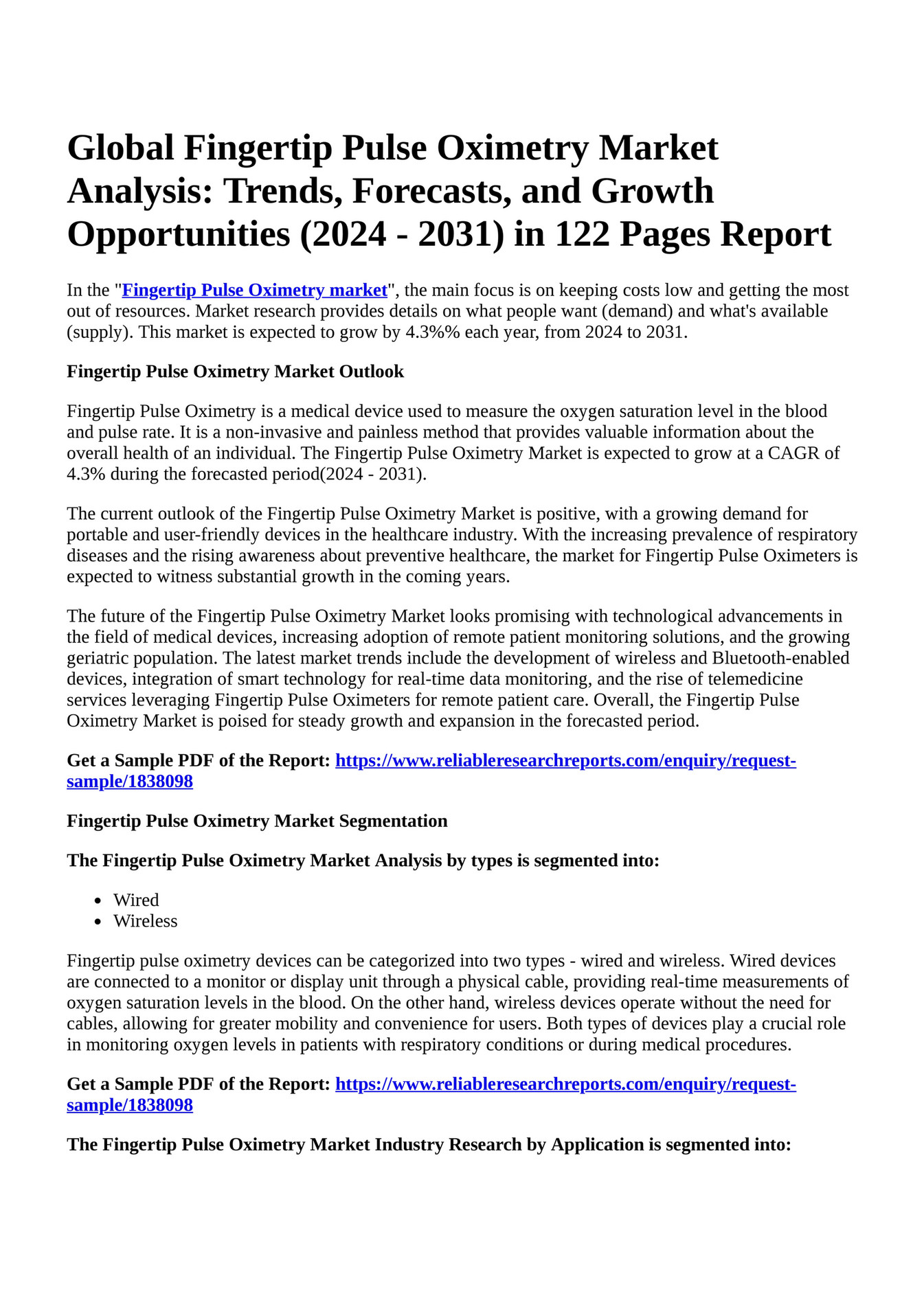 Reportprime - Global Fingertip Pulse Oximetry Market Analysis: Trends ...