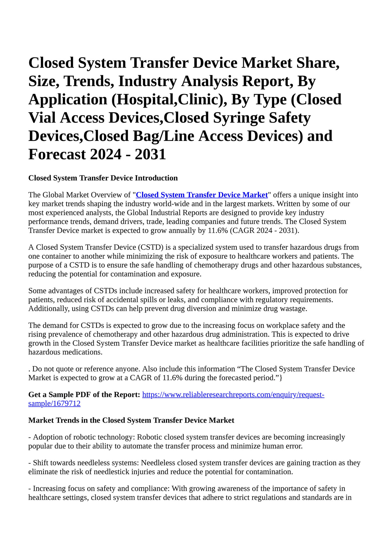 Reportprime - Closed System Transfer Device Market Share, Size, Trends ... Reportprime - Closed System Transfer Device Market Share, Size, Trends ...