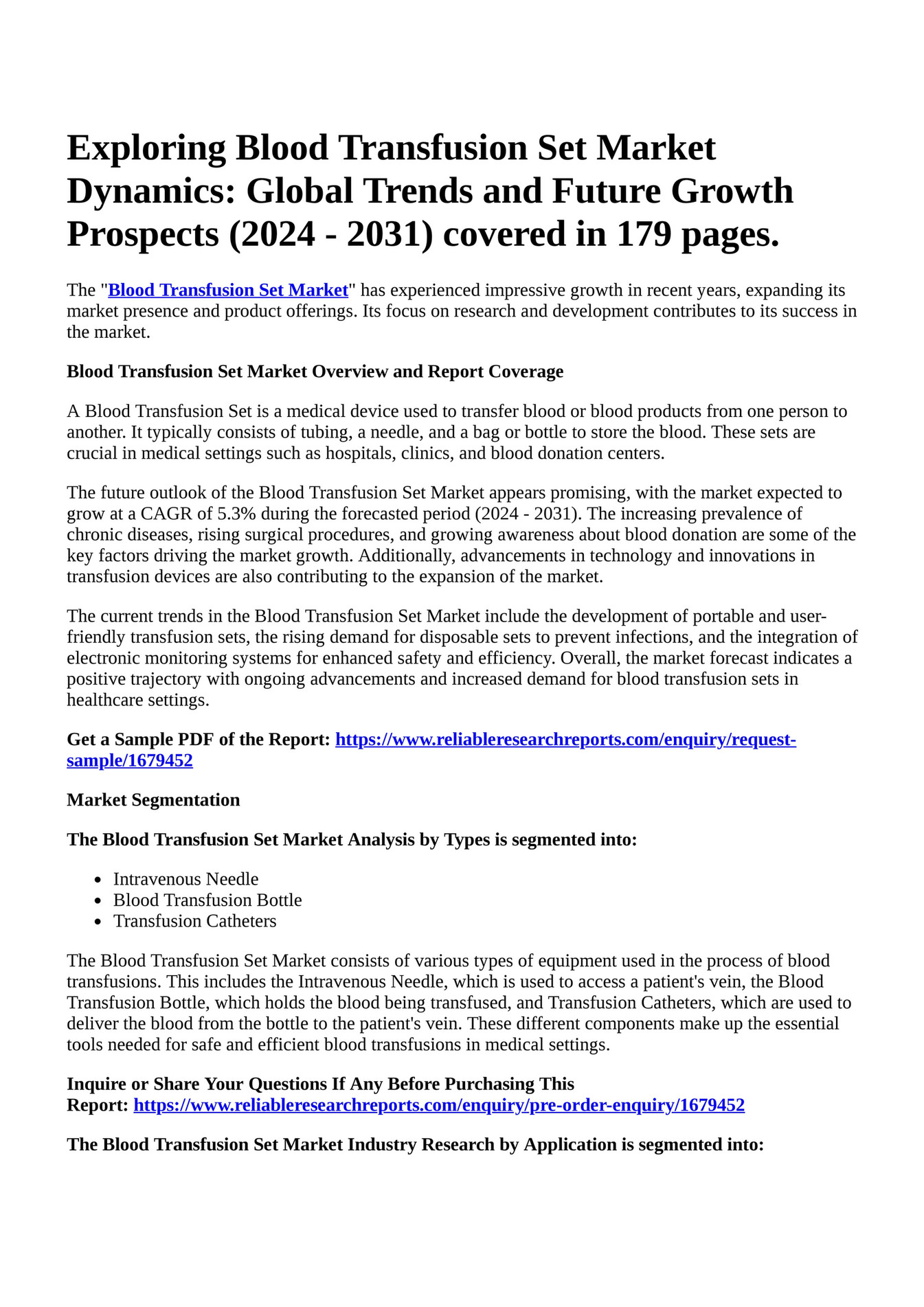 Reportprime - Exploring Blood Transfusion Set Market Dynamics: Global ...