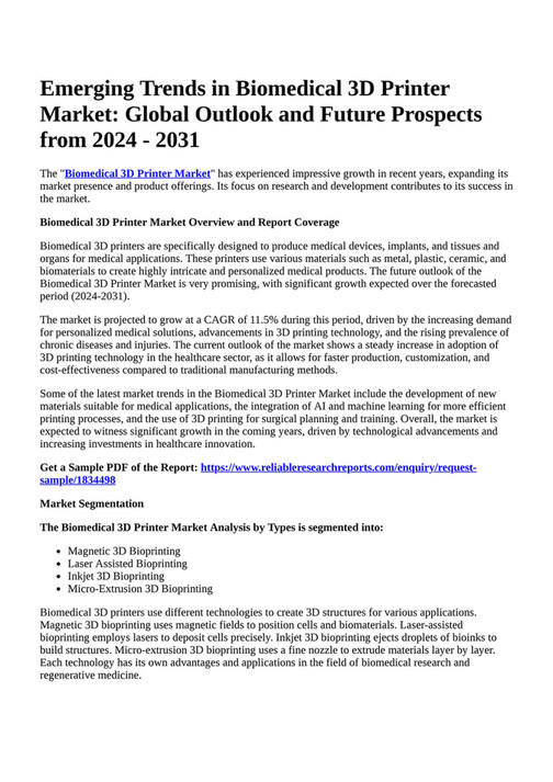Reportprime - Emerging Trends in Biomedical 3D Printer Market: Global ...