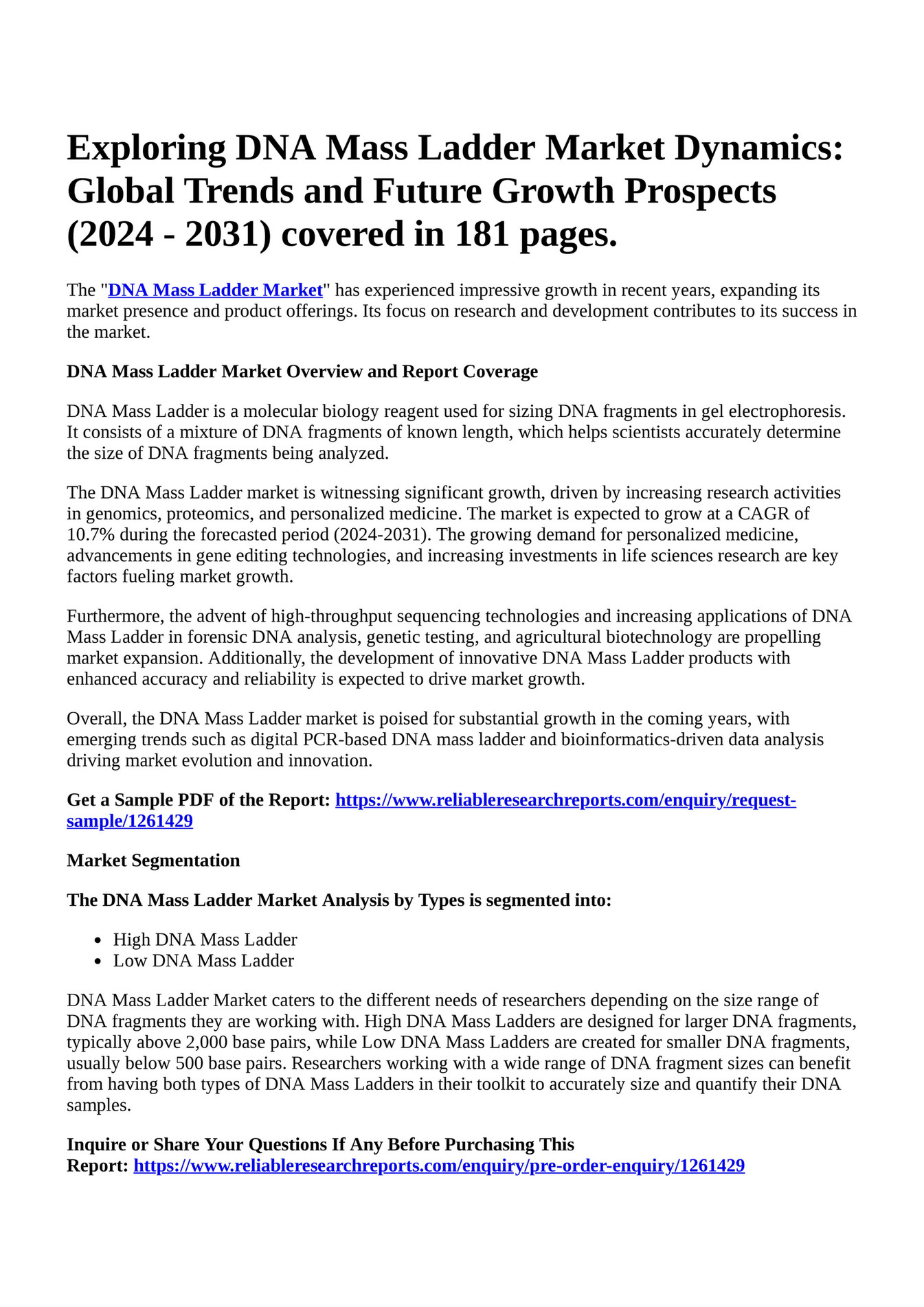 Reportprime - Exploring DNA Mass Ladder Market Dynamics: Global Trends ...