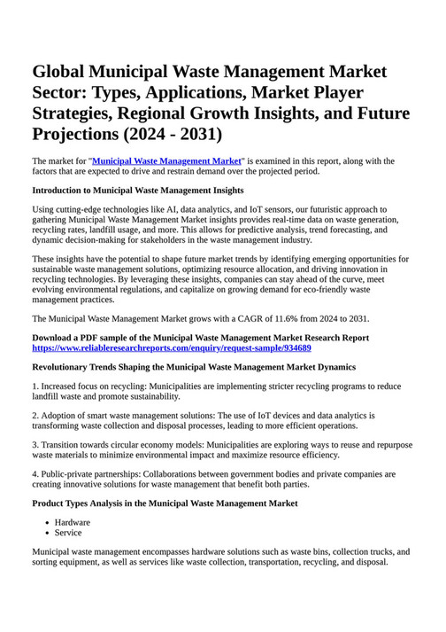 Reportprime - Global Municipal Waste Management Market Sector: Types, Applications, Market ...
