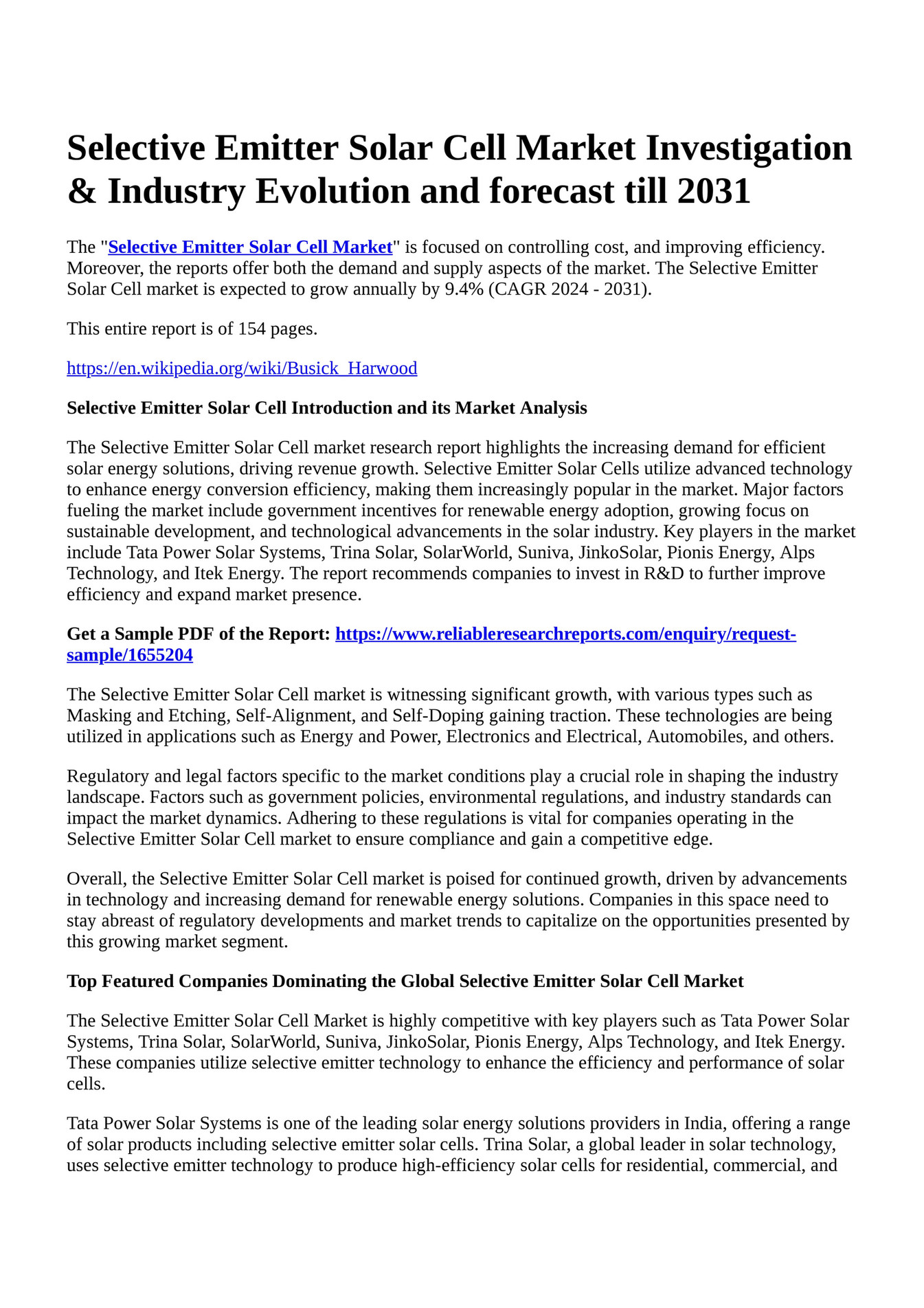 Reportprime - Selective Emitter Solar Cell Market Investigation ...