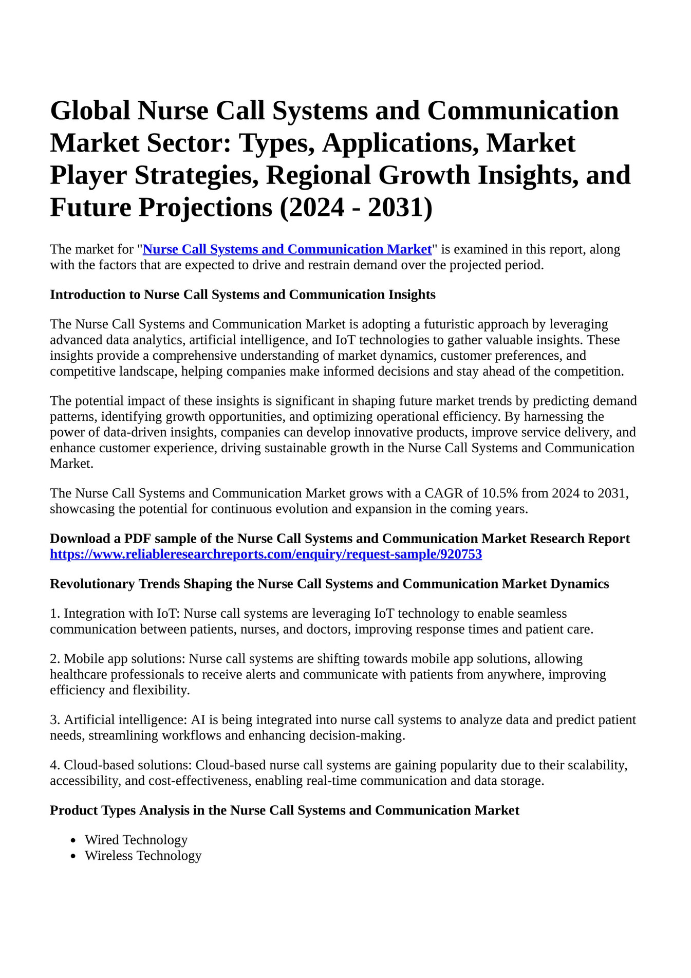 Reportprime - Global Nurse Call Systems and Communication Market Sector ... Reportprime - Global Nurse Call Systems and Communication Market Sector ...