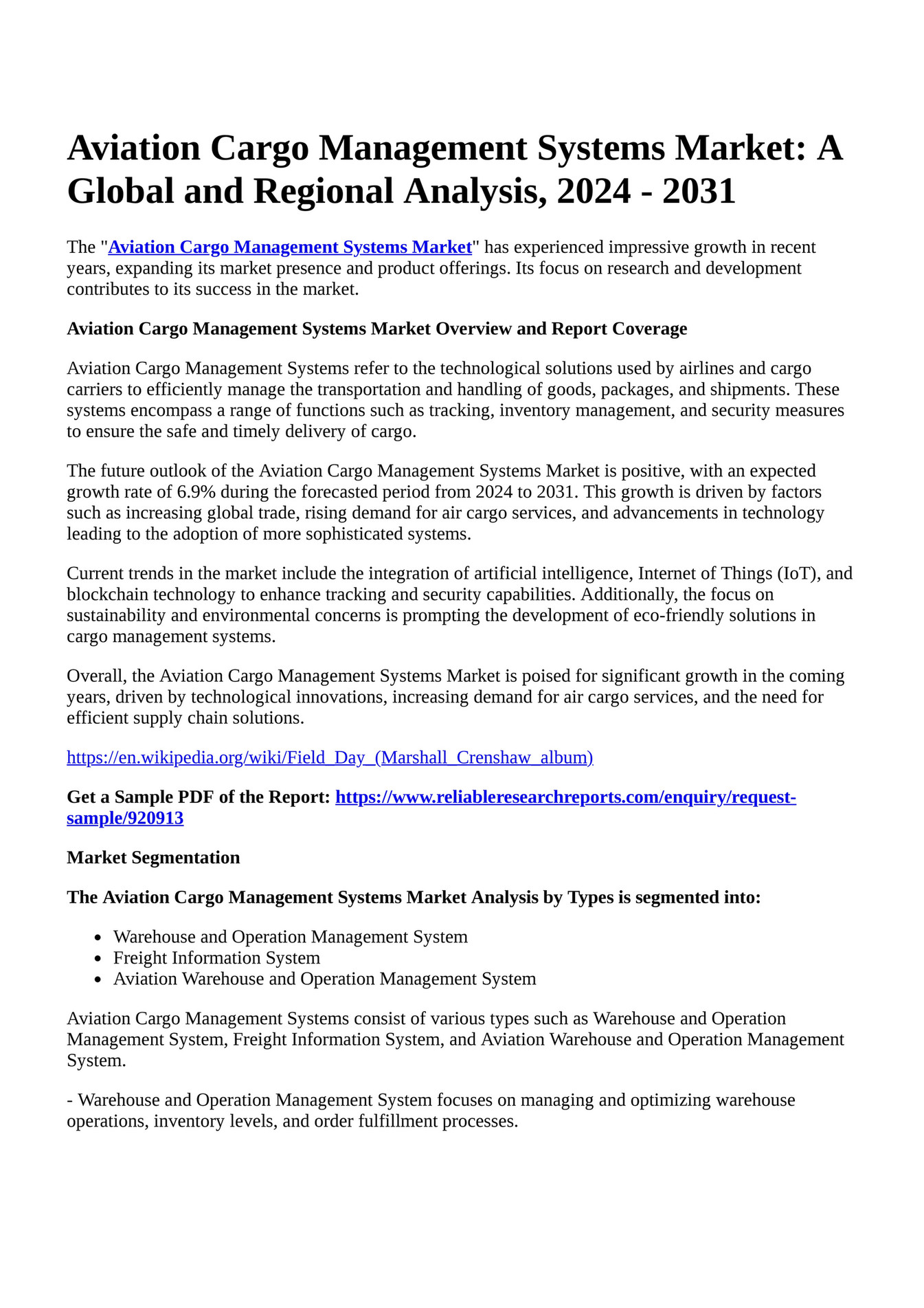 Reportprime - Aviation Cargo Management Systems Market: A Global and ...