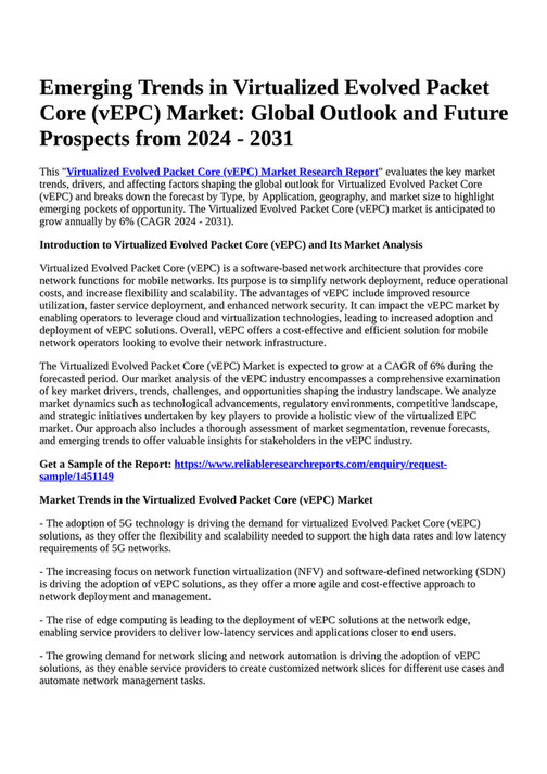 Reportprime - Emerging Trends in Virtualized Evolved Packet Core (vEPC ... Reportprime - Emerging Trends in Virtualized Evolved Packet Core (vEPC ...