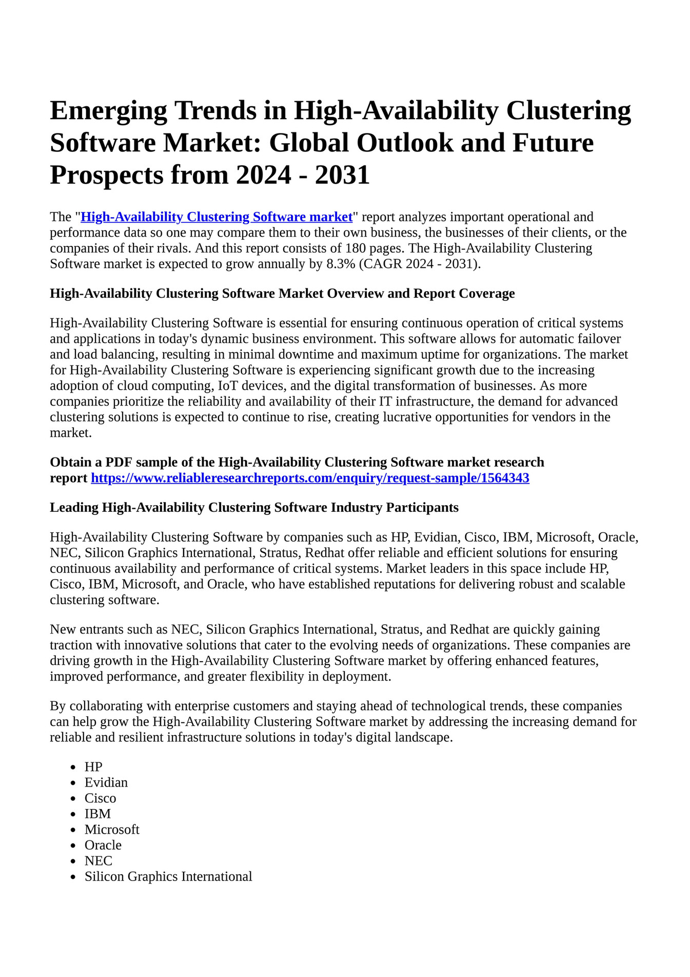 Reportprime - Emerging Trends in High-Availability Clustering Software ... Reportprime - Emerging Trends in High-Availability Clustering Software ...