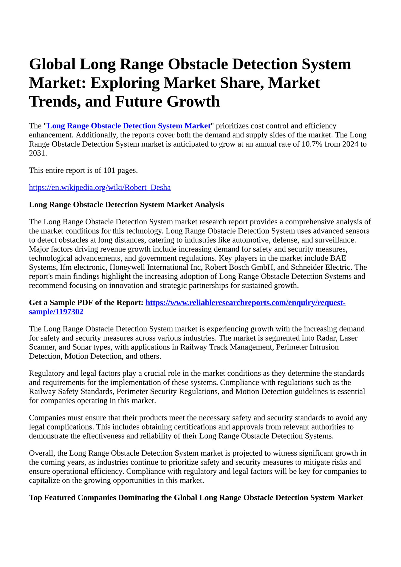 Reportprime Global Long Range Obstacle Detection System Market