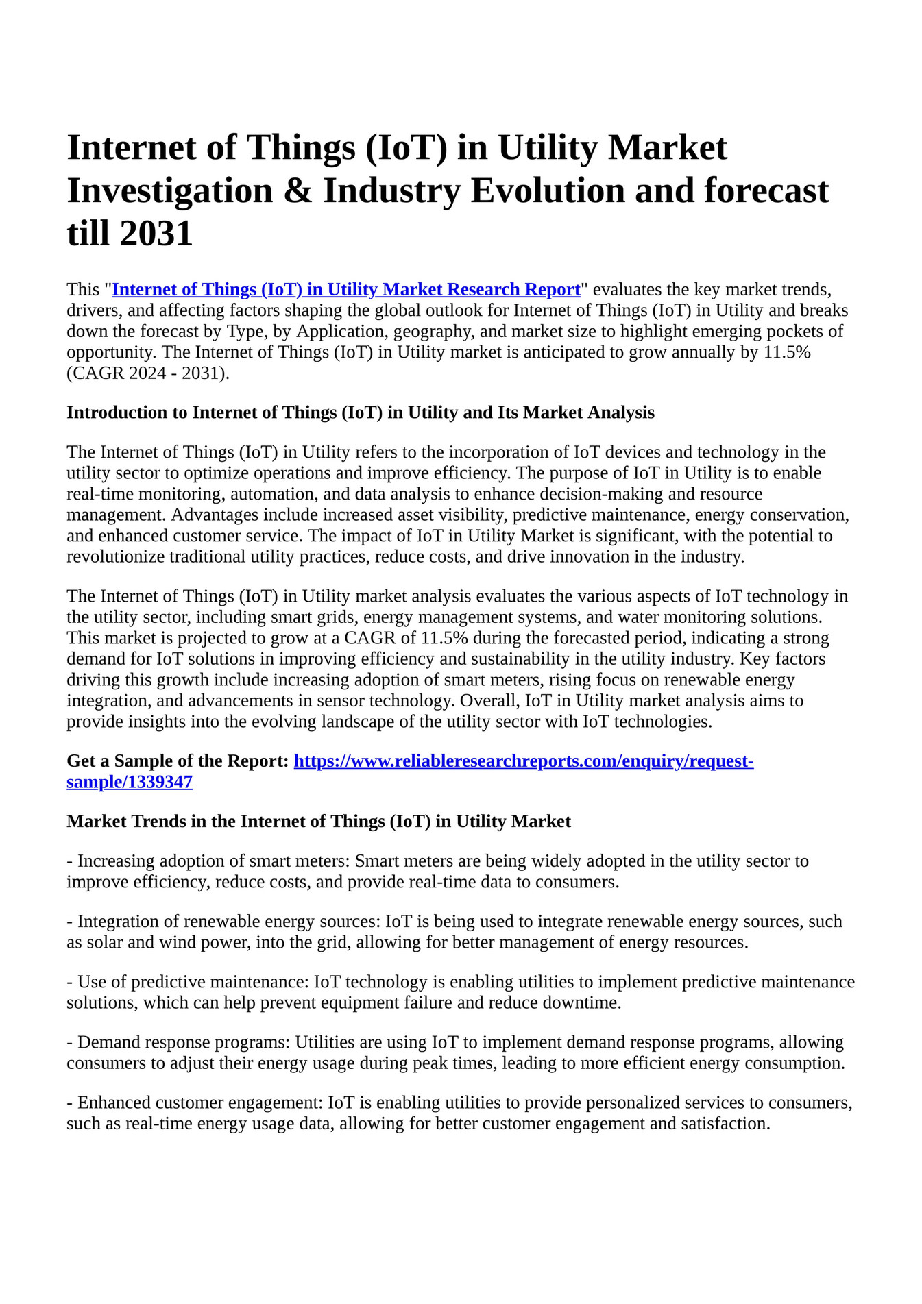 Reportprime - Internet of Things (IoT) in Utility Market Investigation & Industry Evolution and ...