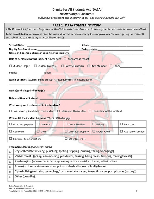 Saranac Central School District - DASA Incident Report - Page 1